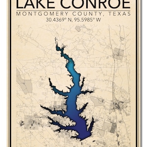 Wall Art Map Print of Lake Conroe, Montgomery, Montgomery County, Texas ...