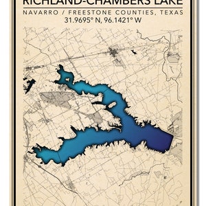 Wall Art Map Print of Richland-chambers Reservoir, Eureka, Navarro ...