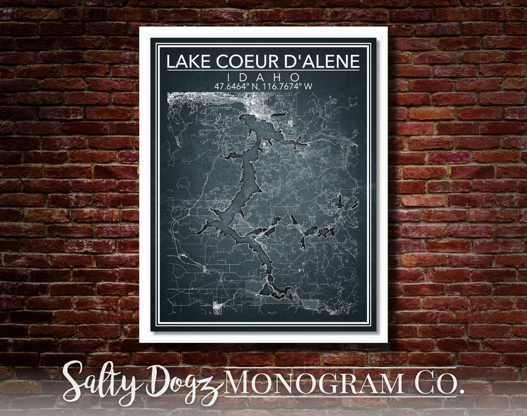 Wall Art Map Print of Lake Coeur d'Alene, Idaho!! - Etsy España