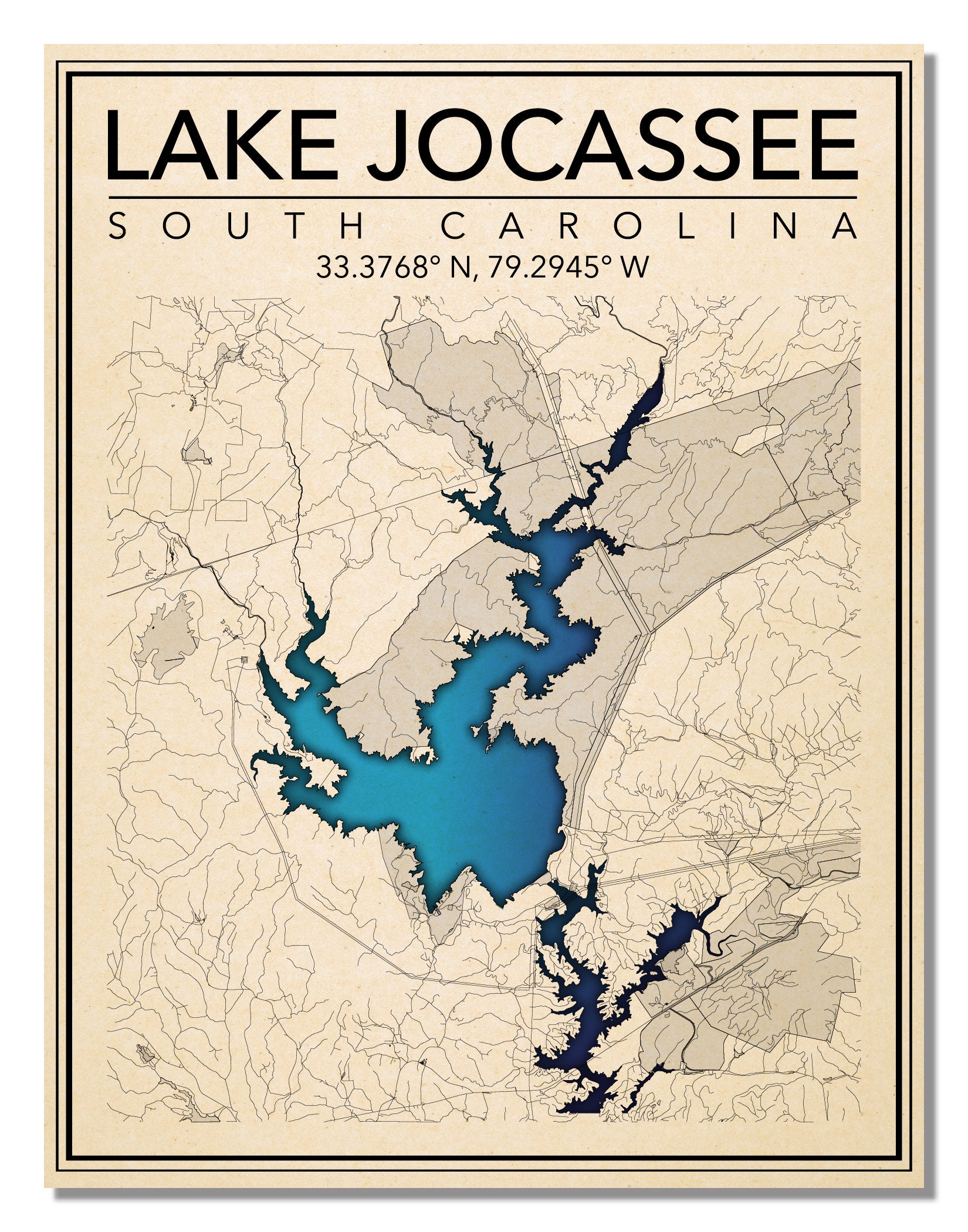 Wall Art Map Print Of Lake Jocassee South Carolina Etsy