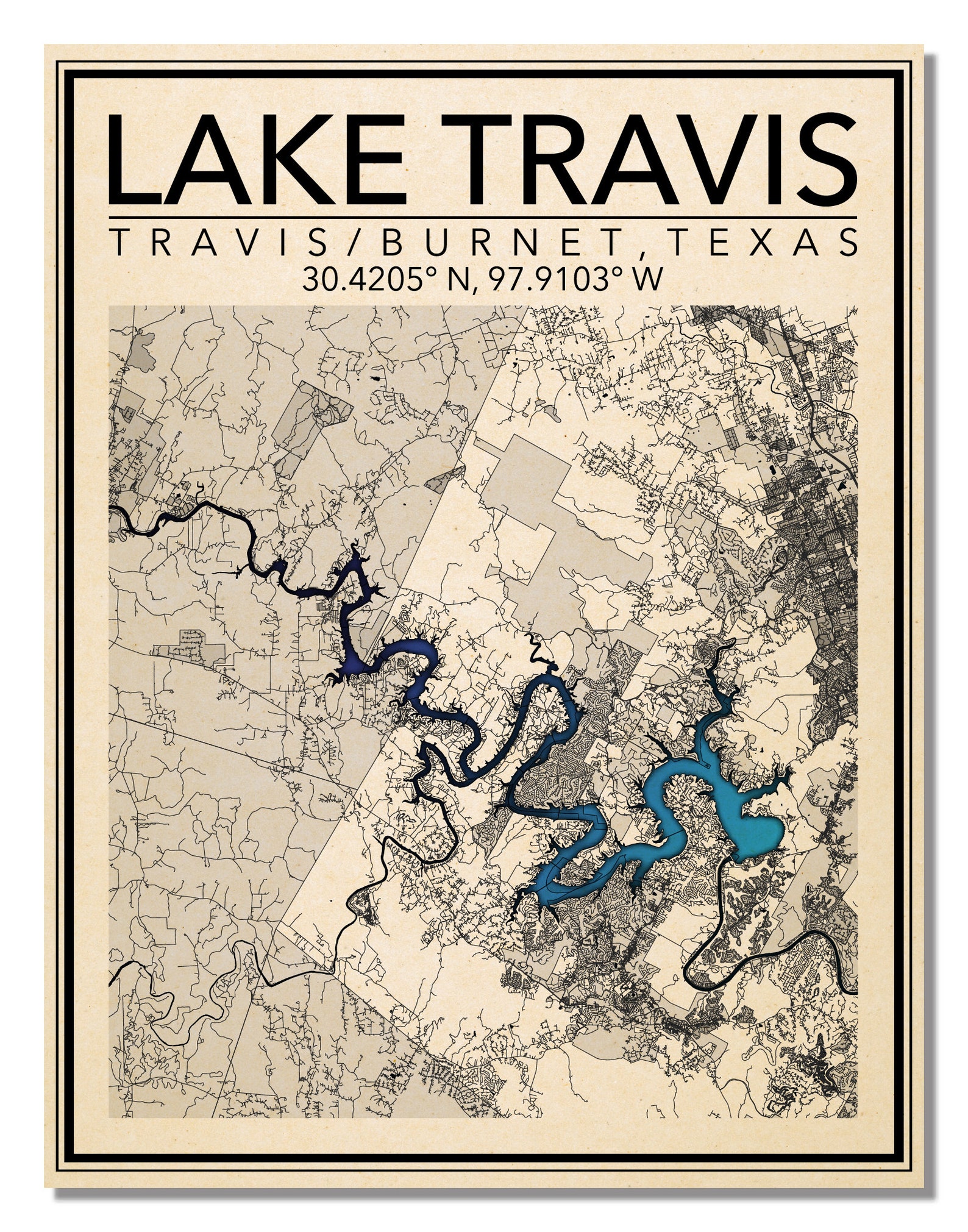 Wall Art Map Print of Lake Travis Marble Falls Burnet - Etsy