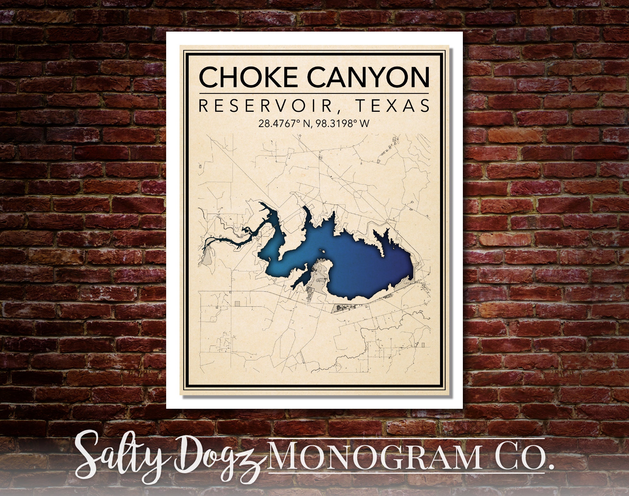 Wall Art Map Print of Choke Canyon Reservoir, Calliham, Mcmullen County ...