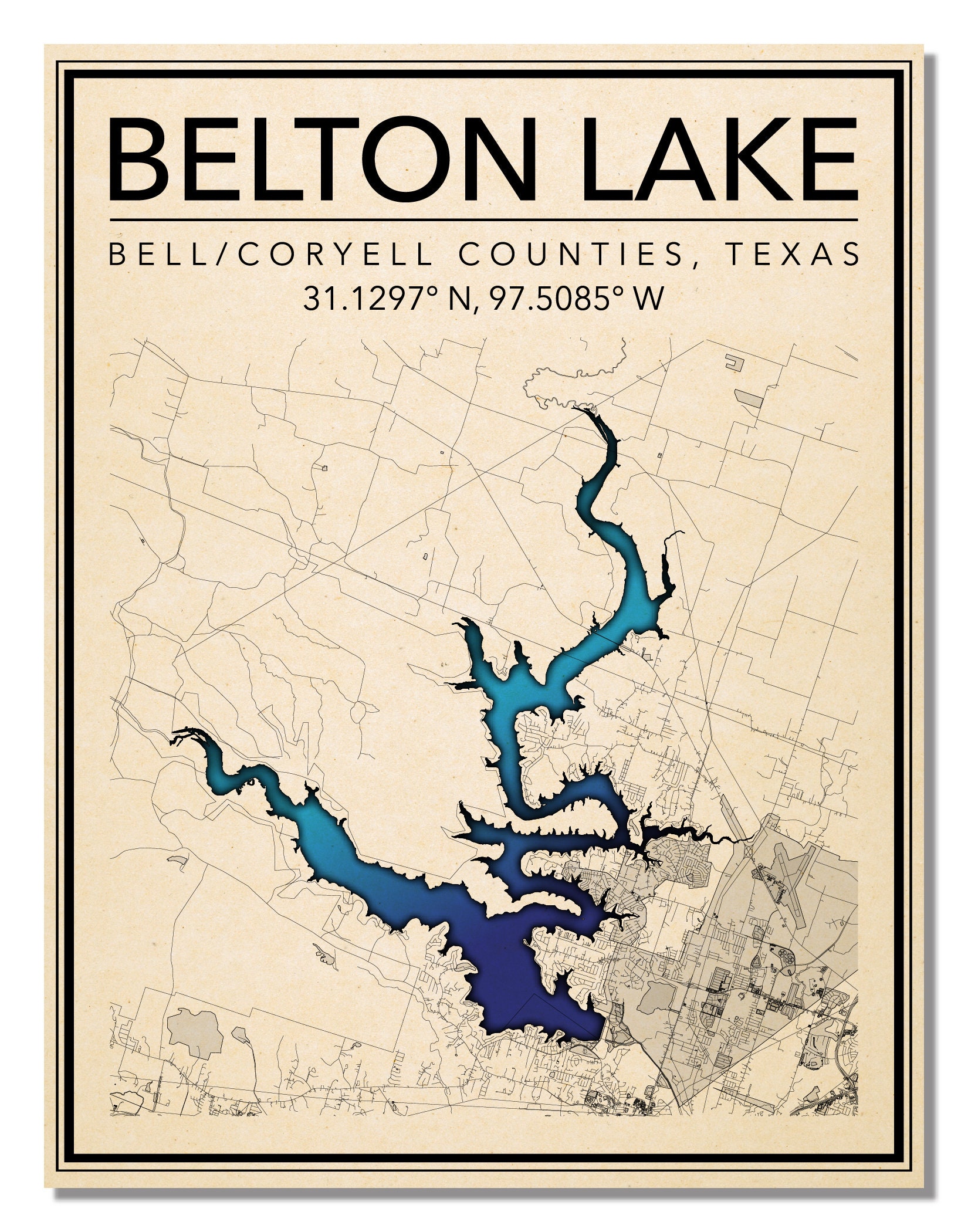Wall Art Map Print of Belton Lake Morgans Point Resort Bell | Etsy