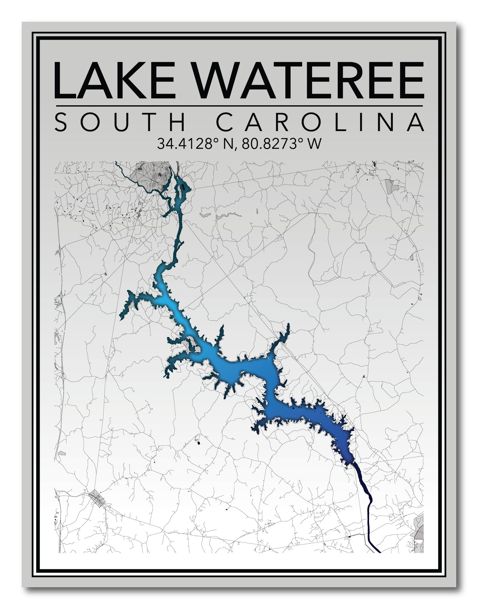 Wall Art Map Print of Lake Wateree South Carolina - Etsy