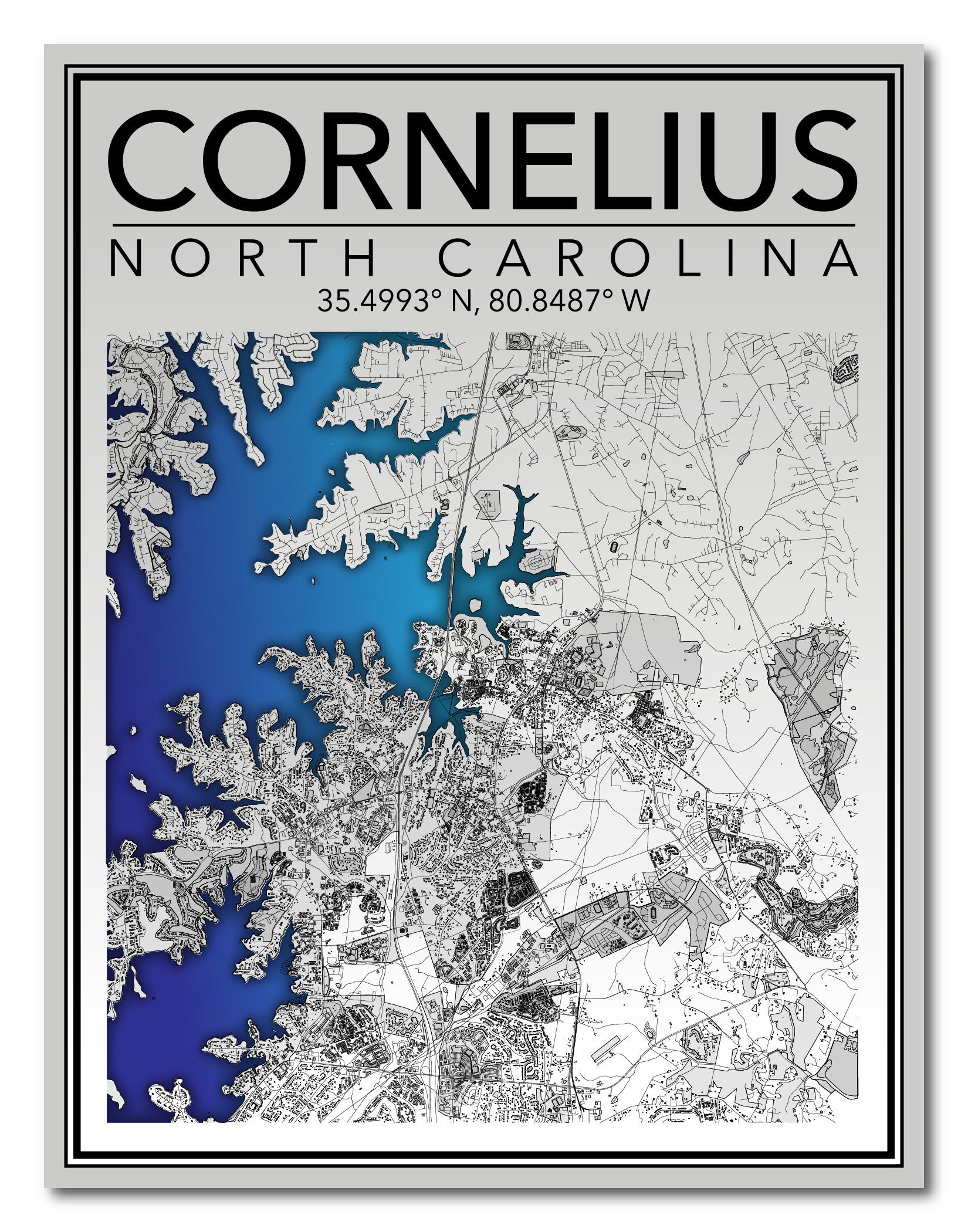 Wall Art Map Print of Cornelius North Carolina | Etsy