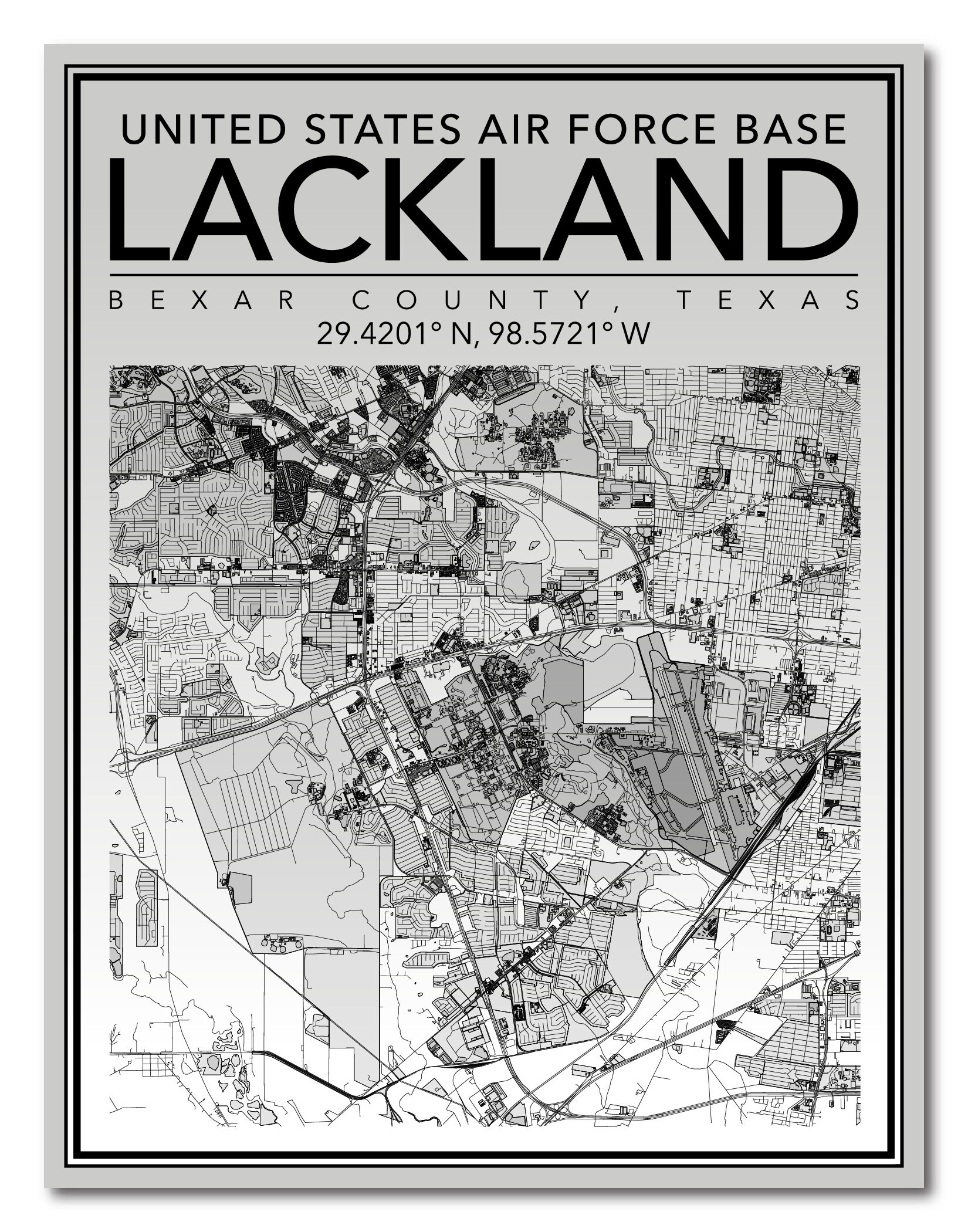 Wall Art Map Print of Lackland Air Force Base, San Antonio, Bexar ...