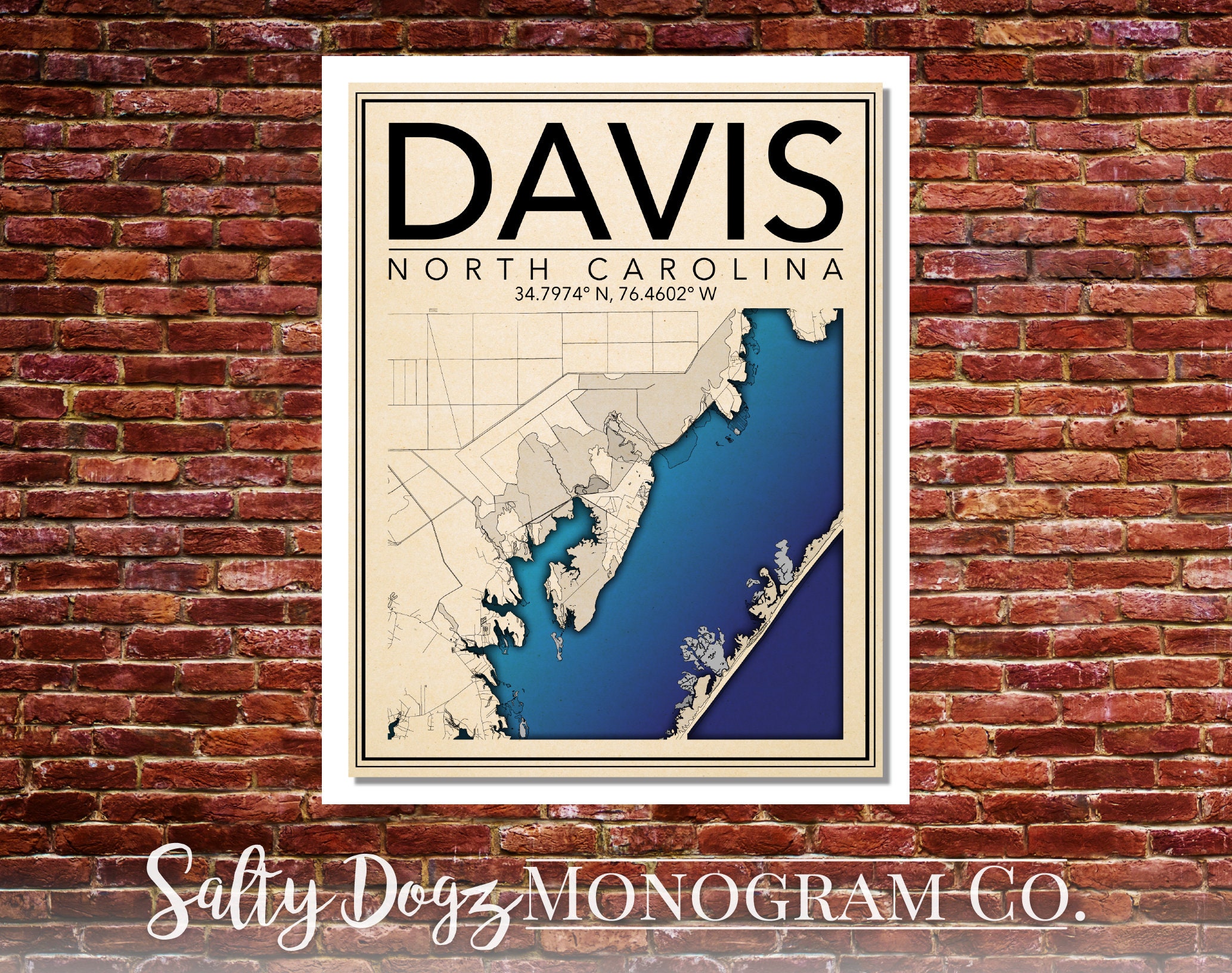 Wall Art Map Print of Davis North Carolina | Etsy