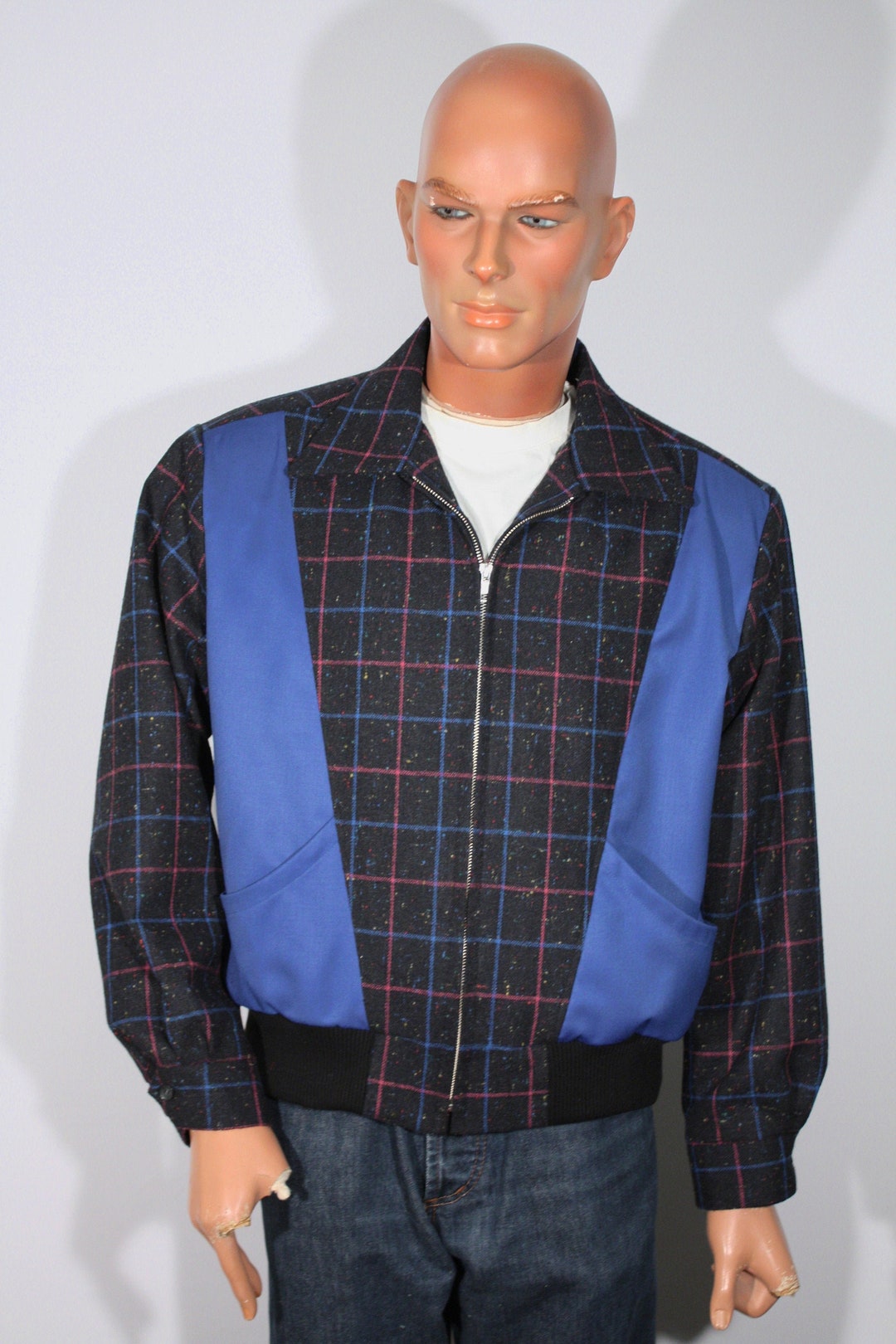 L/XL - Vintage 1950s Repro Black and Blue Gab Plaid Flecked Jacket - Etsy