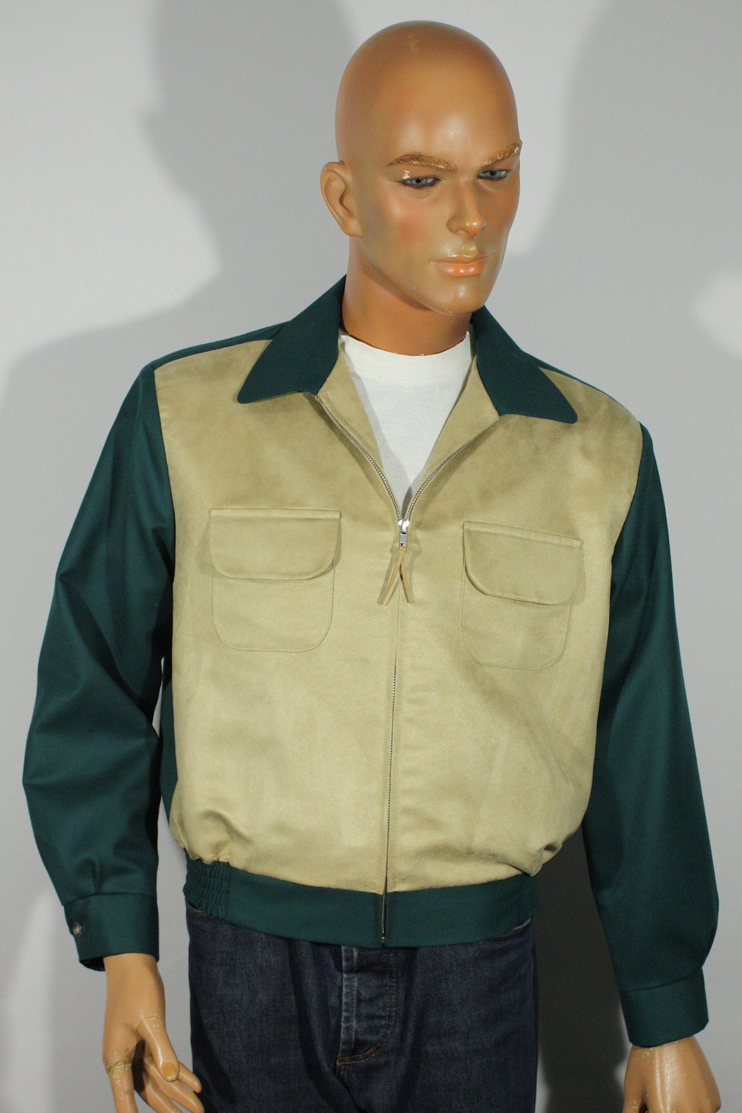 Size M / L - Vintage 1950s Repro Green Gabardine Jacket With Tan Faux ...