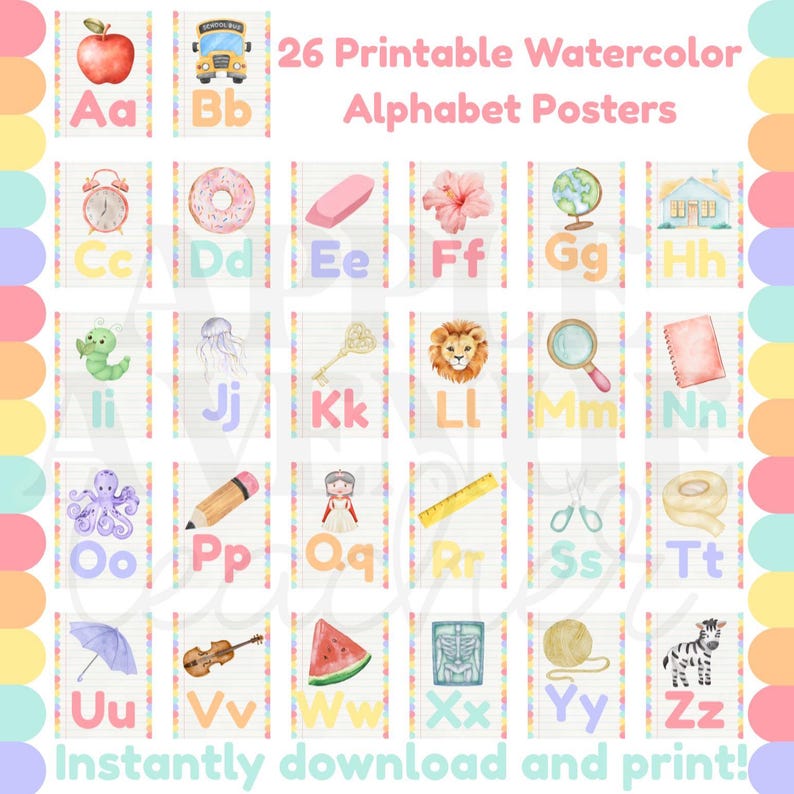 Watercolor Pastel Alphabet Posters: Classroom ABC Printables (digital ...