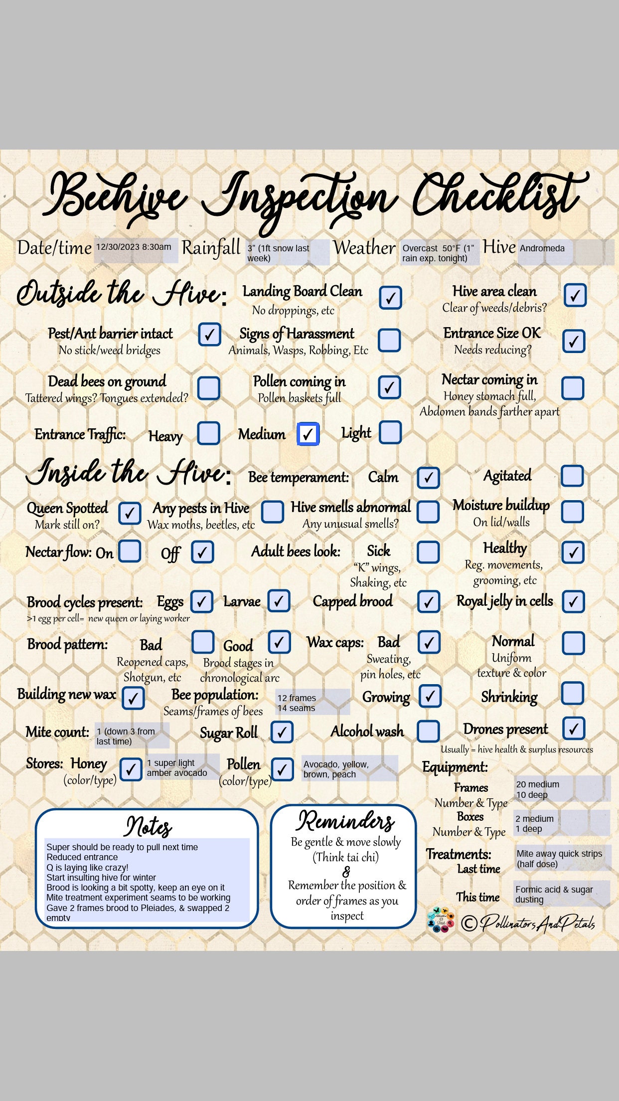 Mobile Fillable PDF ~ Beehive Inspection Checklist ~ Beekeeping Notes ...
