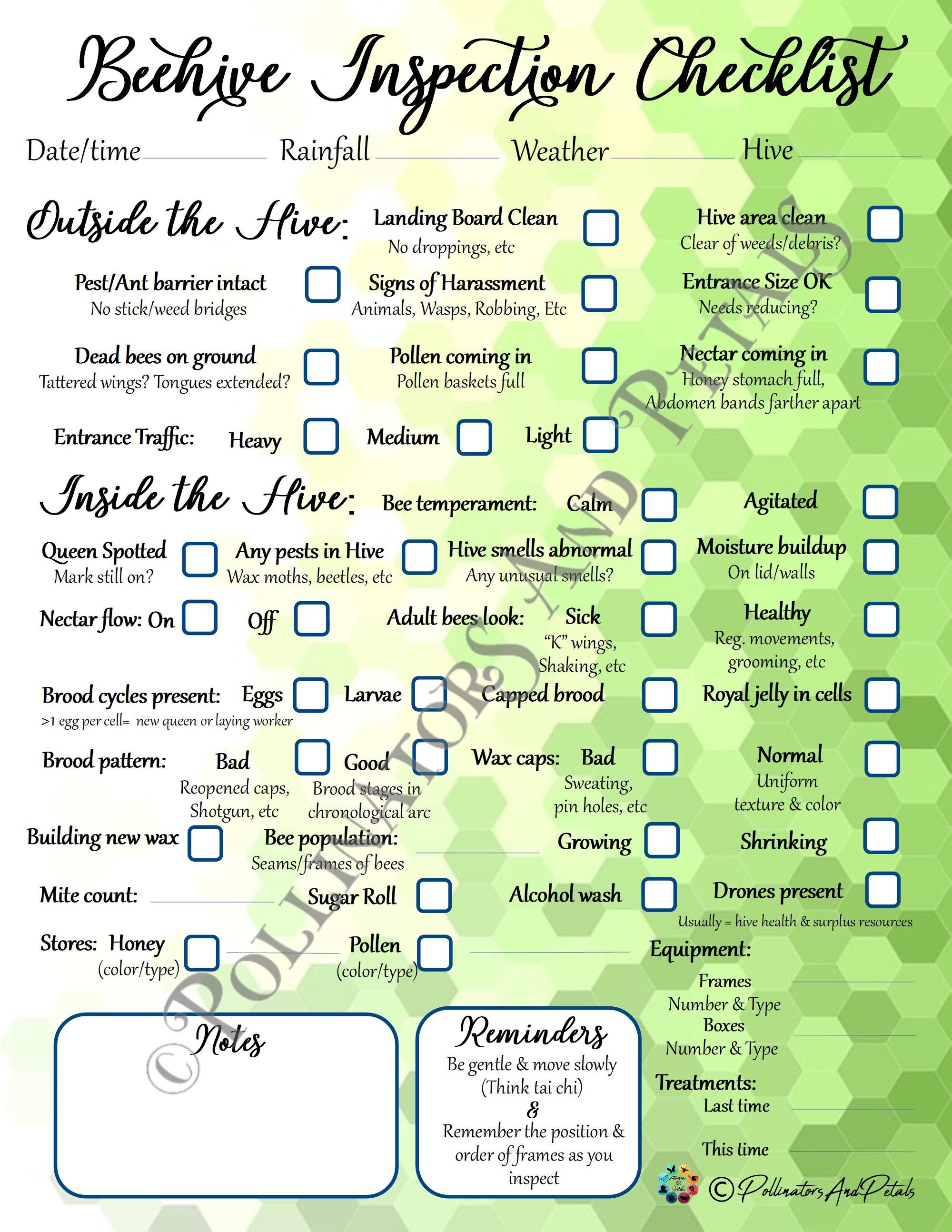 Beige Honeycomb Beehive Inspection Checklist ~ Beekeeping Notes ~ Honey ...