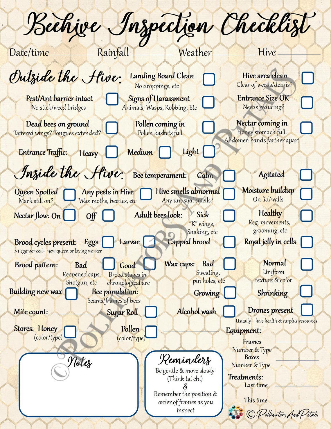 Beige Honeycomb Beehive Inspection Checklist ~ Beekeeping Notes ~ Honey ...