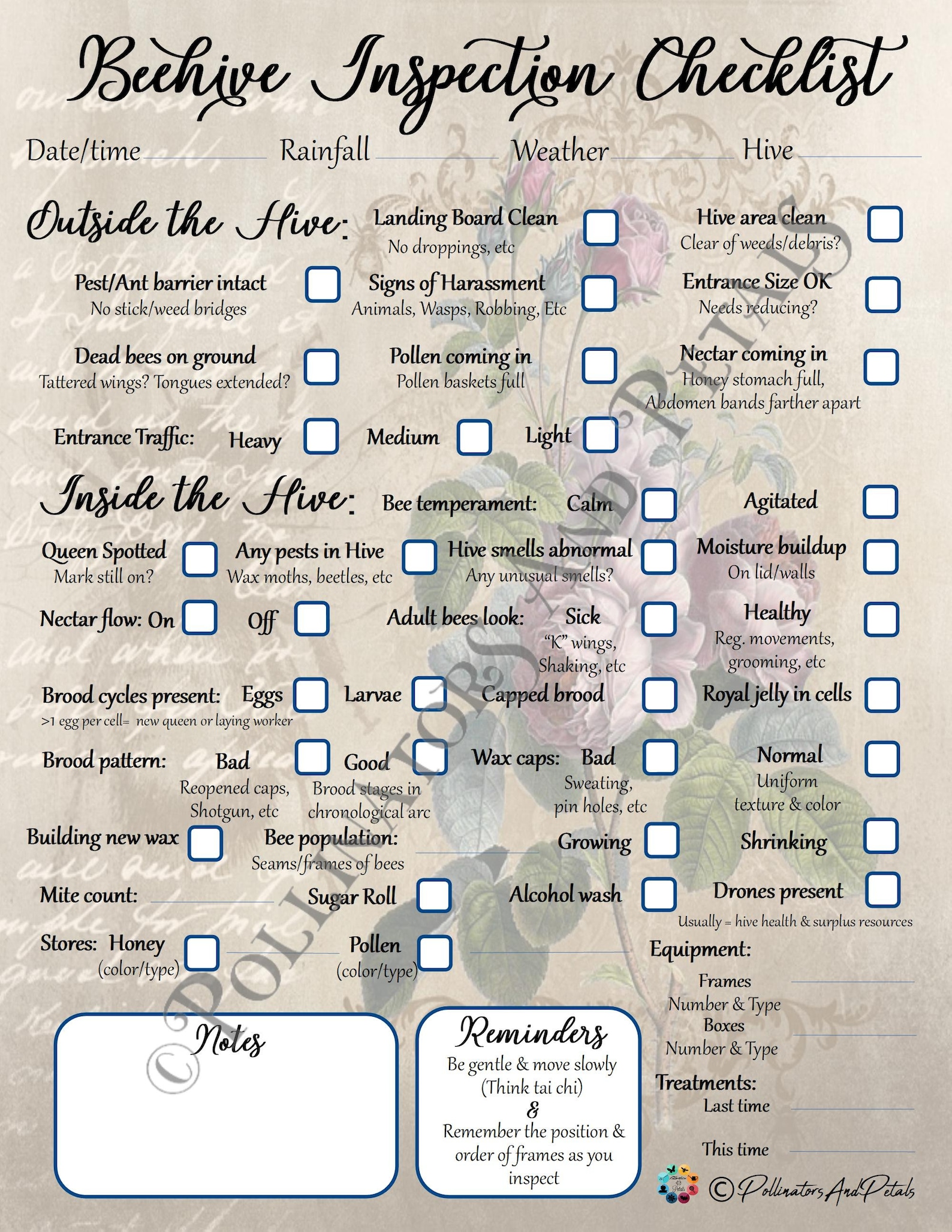 Beige Honeycomb Beehive Inspection Checklist ~ Beekeeping Notes ~ Honey ...