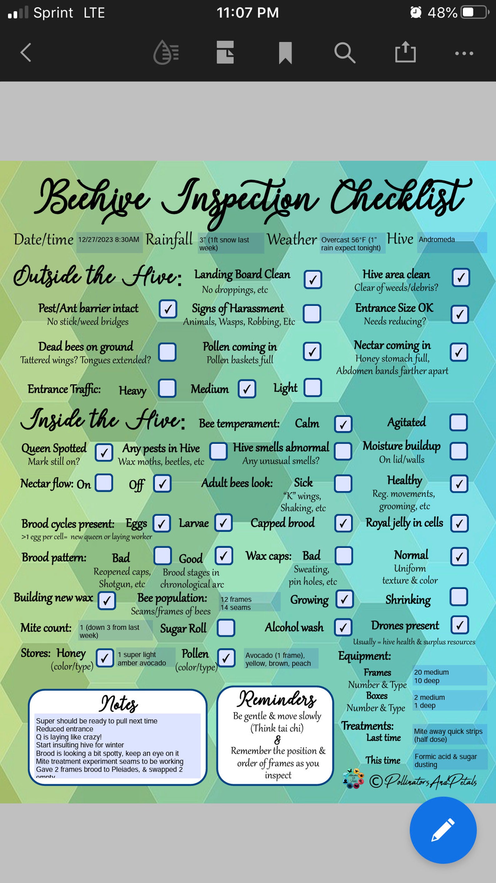 Mobile Fillable PDF ~ Beehive Inspection Checklist ~ Beekeeping Notes ...