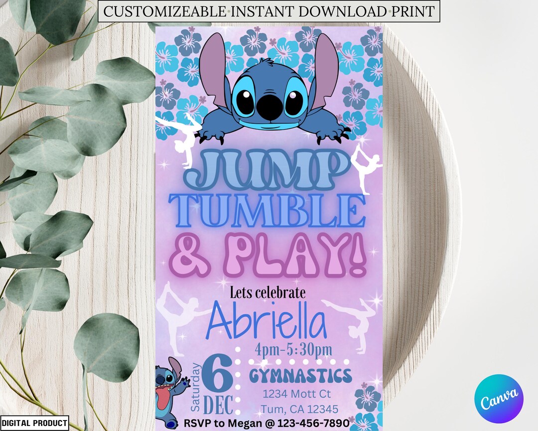 Stitch Party | Gymnastics Party Invite | Jump Party | Birthday Invite ...