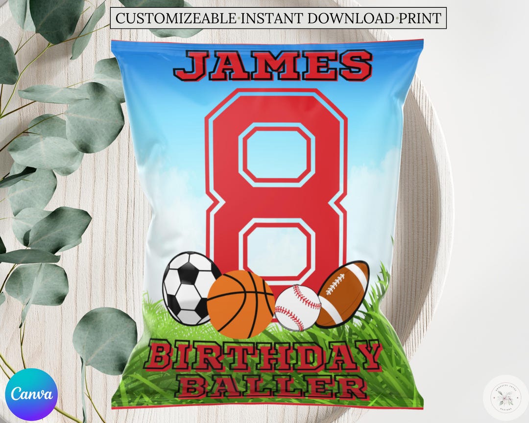 Sports Birthday Chip Bag Template | Editable Party Favor (digital ...