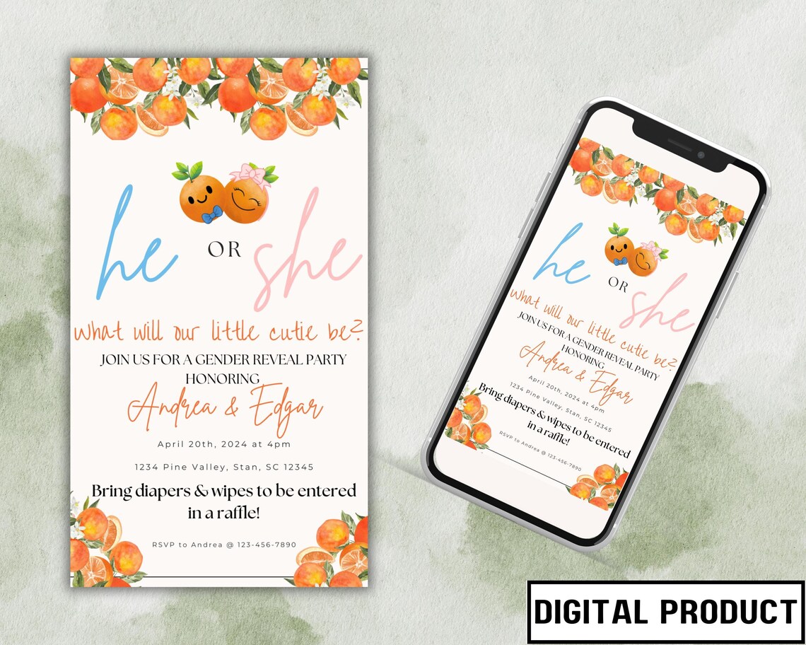 Little Cutie Orange Gender Reveal Invitation (digital Template) - Etsy