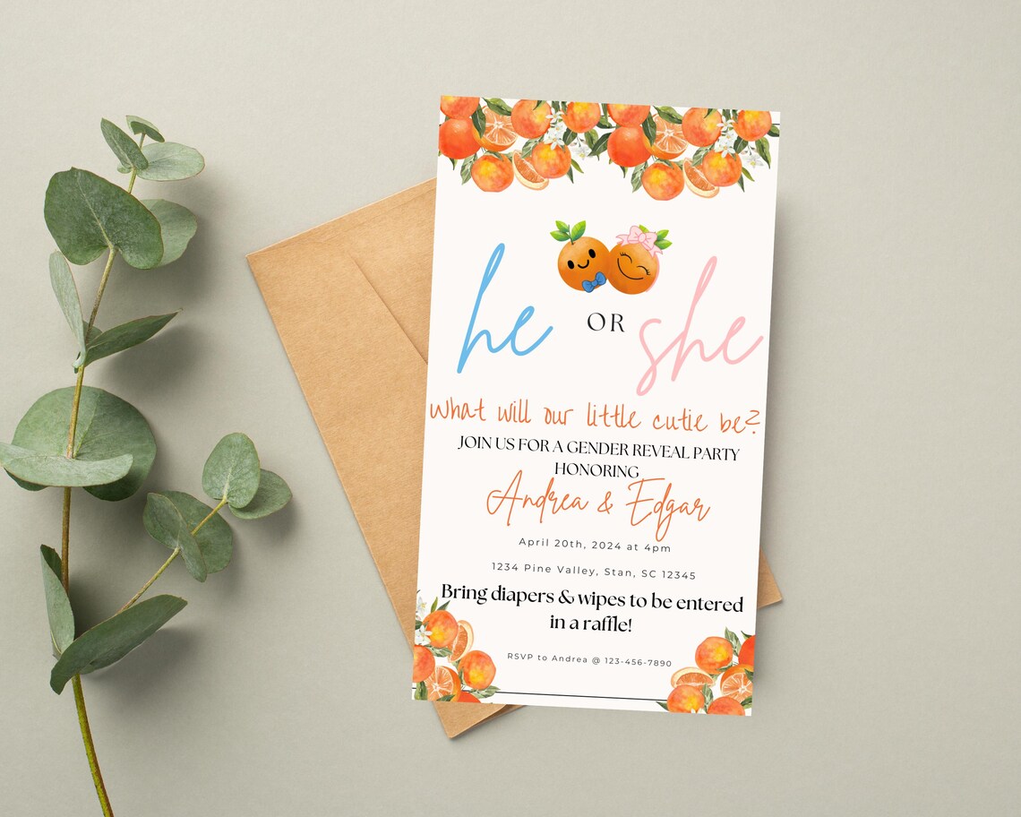 Little Cutie Orange Gender Reveal Invitation (digital Template) - Etsy