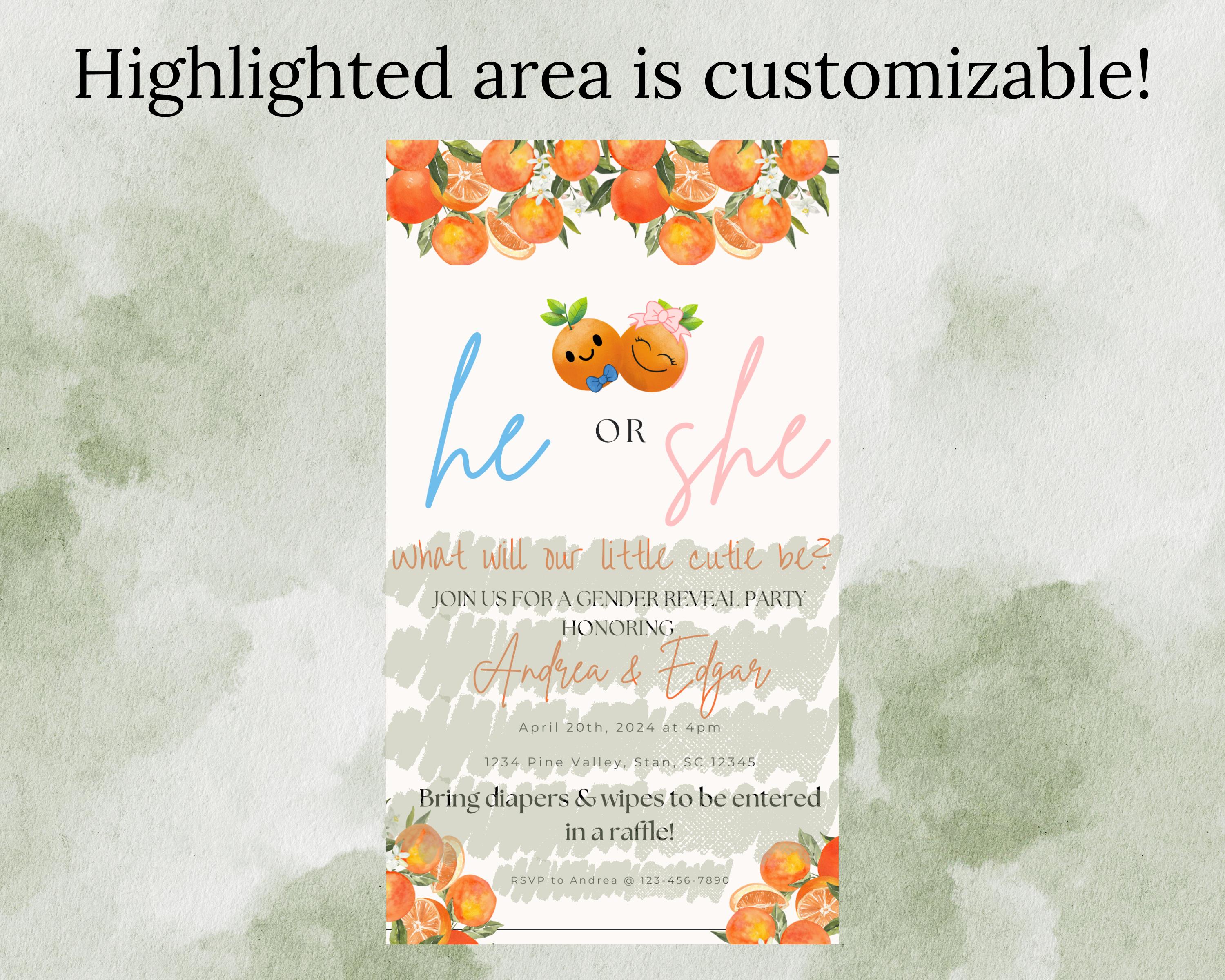 Little Cutie Orange Gender Reveal Invitation (digital Template) - Etsy