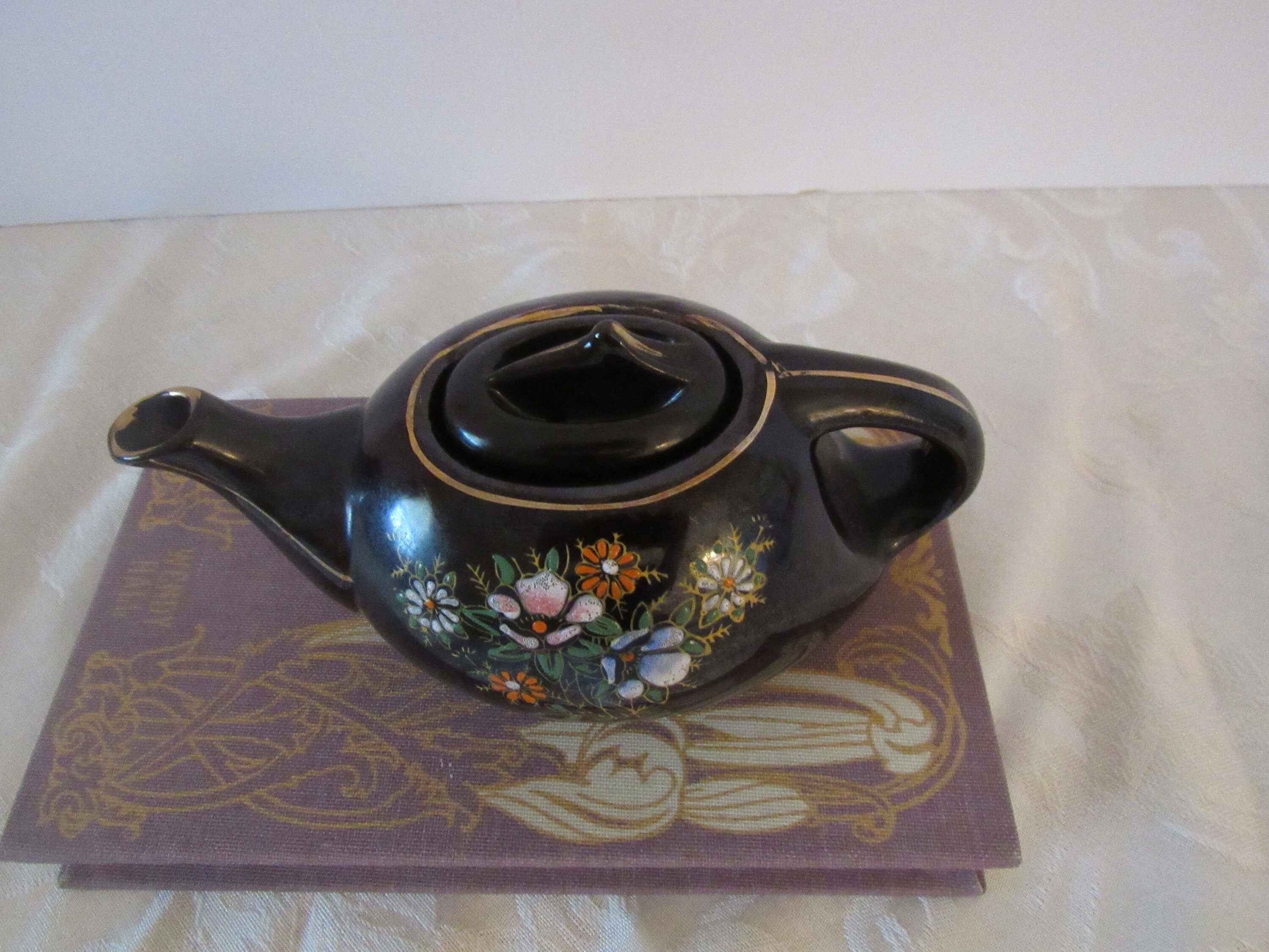 Vintage Japanese Redware Pottery Teapot Black With Flowers - Etsy
