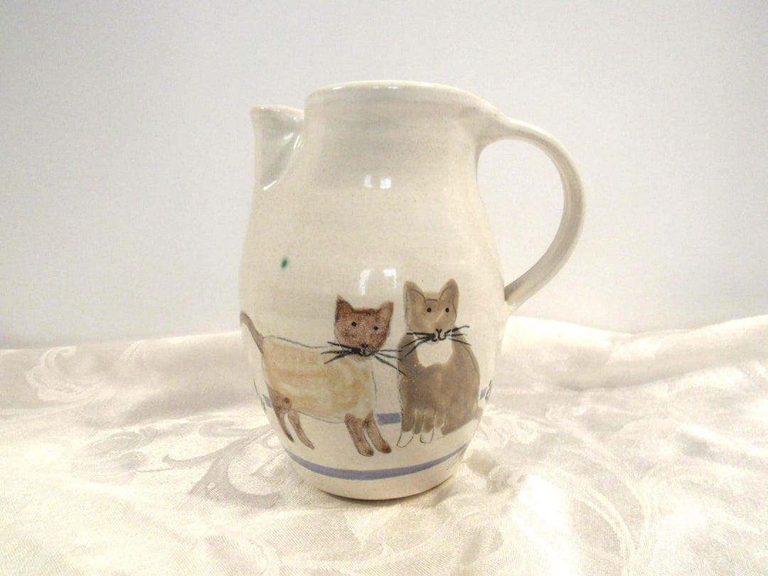 Vintage Pottery Cat Pitcher, Blue and White Painted Clay Pitcher - Etsy
