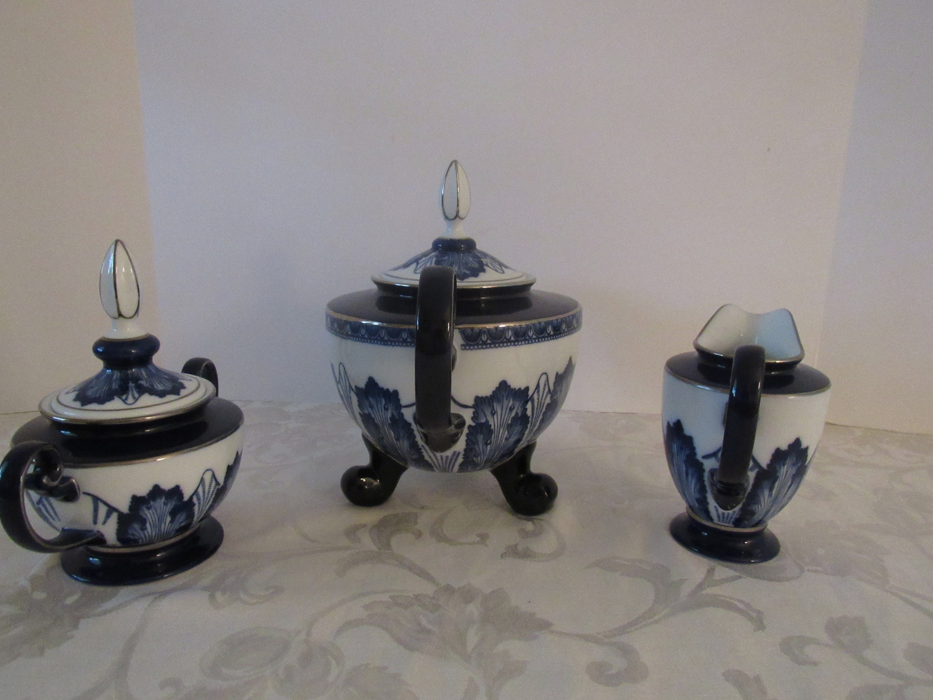 Bombay Blue, White and Silver Porcelain Tea Set, Teapot, Sugar Bowl and ...