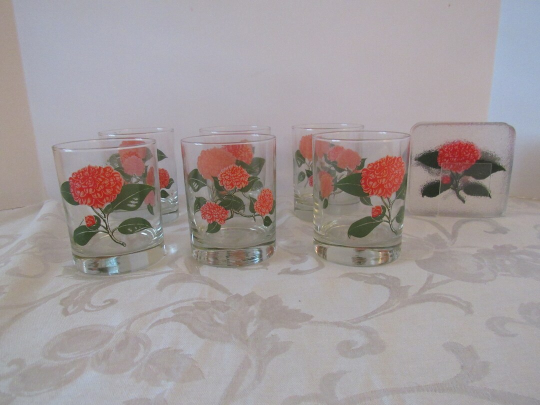 Rose Flower Glasses and Coaster Set, 6-piece Pink and Green Floral ...