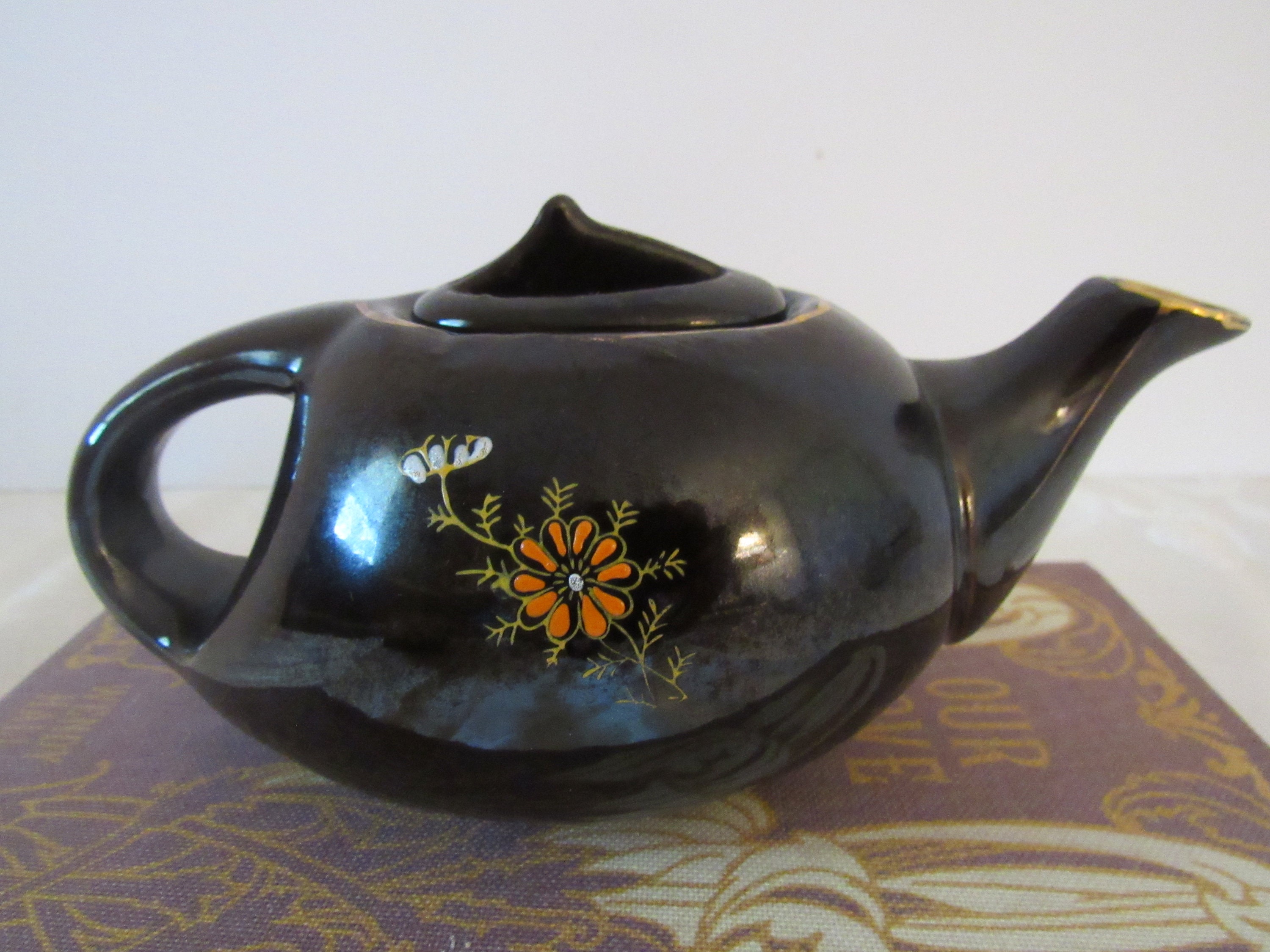 Vintage Japanese Redware Pottery Teapot Black With Flowers - Etsy
