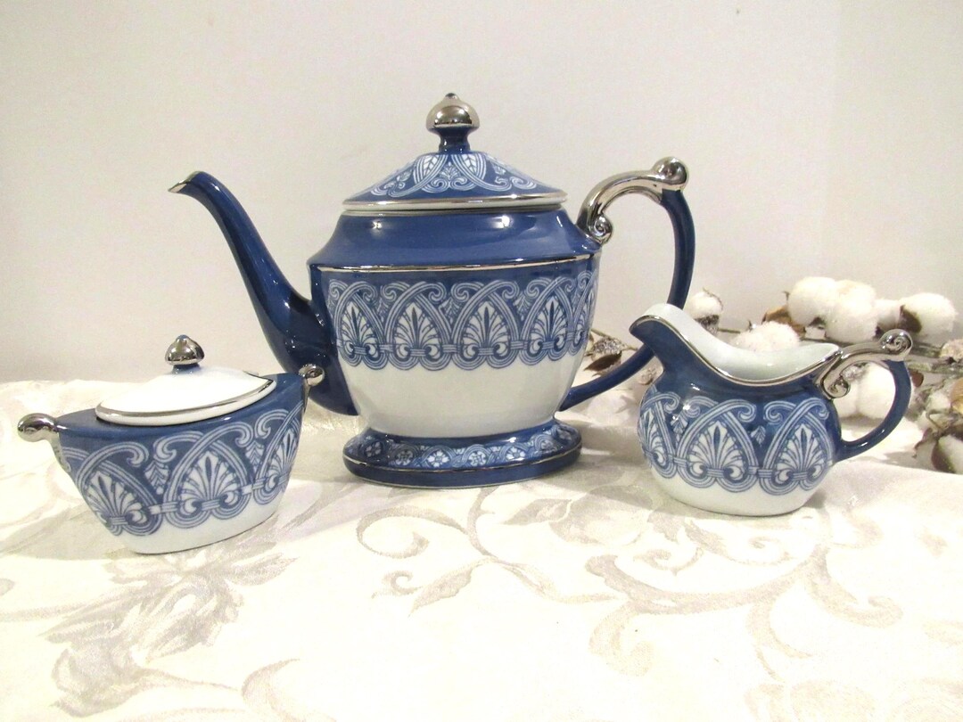 Bombay Blue, White and Silver Porcelain Tea Set, Teapot, Sugar Bowl and ...