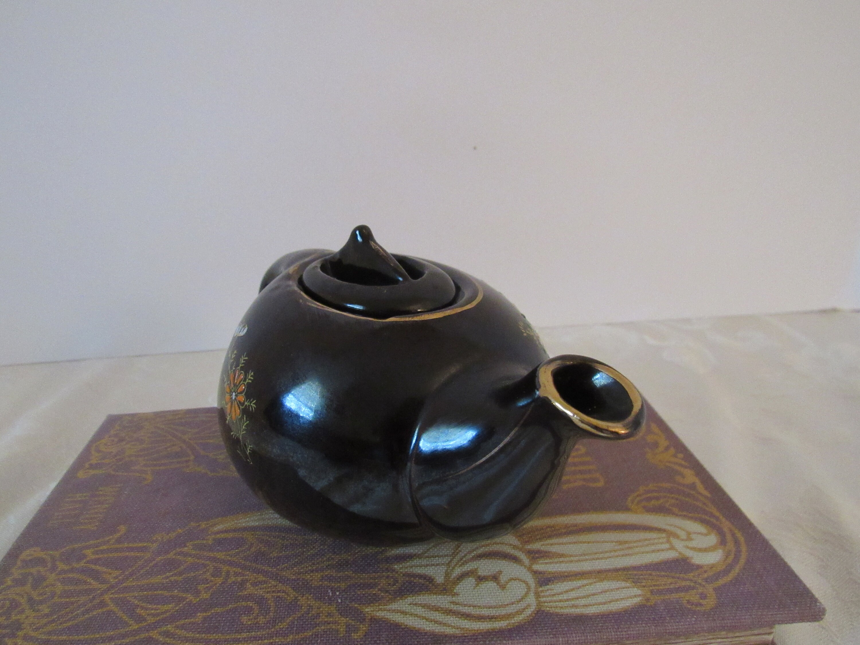 Vintage Japanese Redware Pottery Teapot Black With Flowers - Etsy