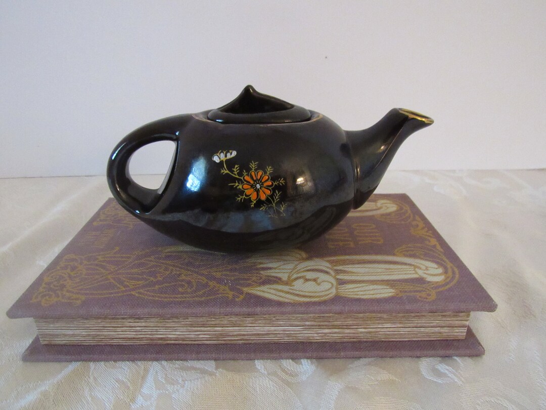 Vintage Japanese Redware Pottery Teapot, Black With Flowers, Small ...