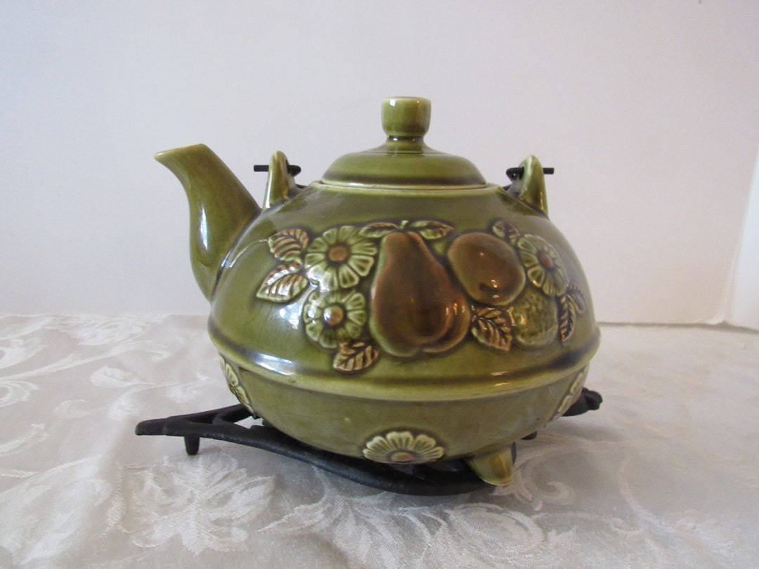 Ceramic Teapot, Vintage Tilso Green Fruit Themed Ceramic Footed Teapot ...