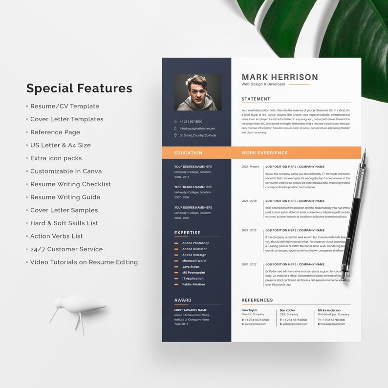 Editable Resume CV Template With Custom Cover Letter Instant Digital ...