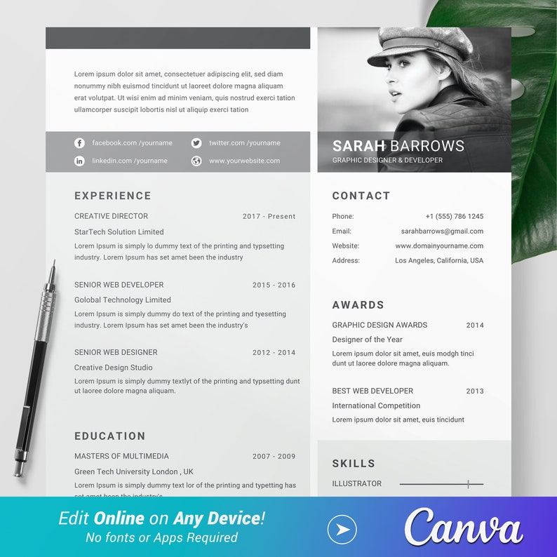 Editable Resume CV Template Custom Cover Letter Instant Digital ...