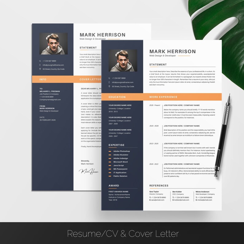 Editable Resume CV Template With Custom Cover Letter Instant Digital ...