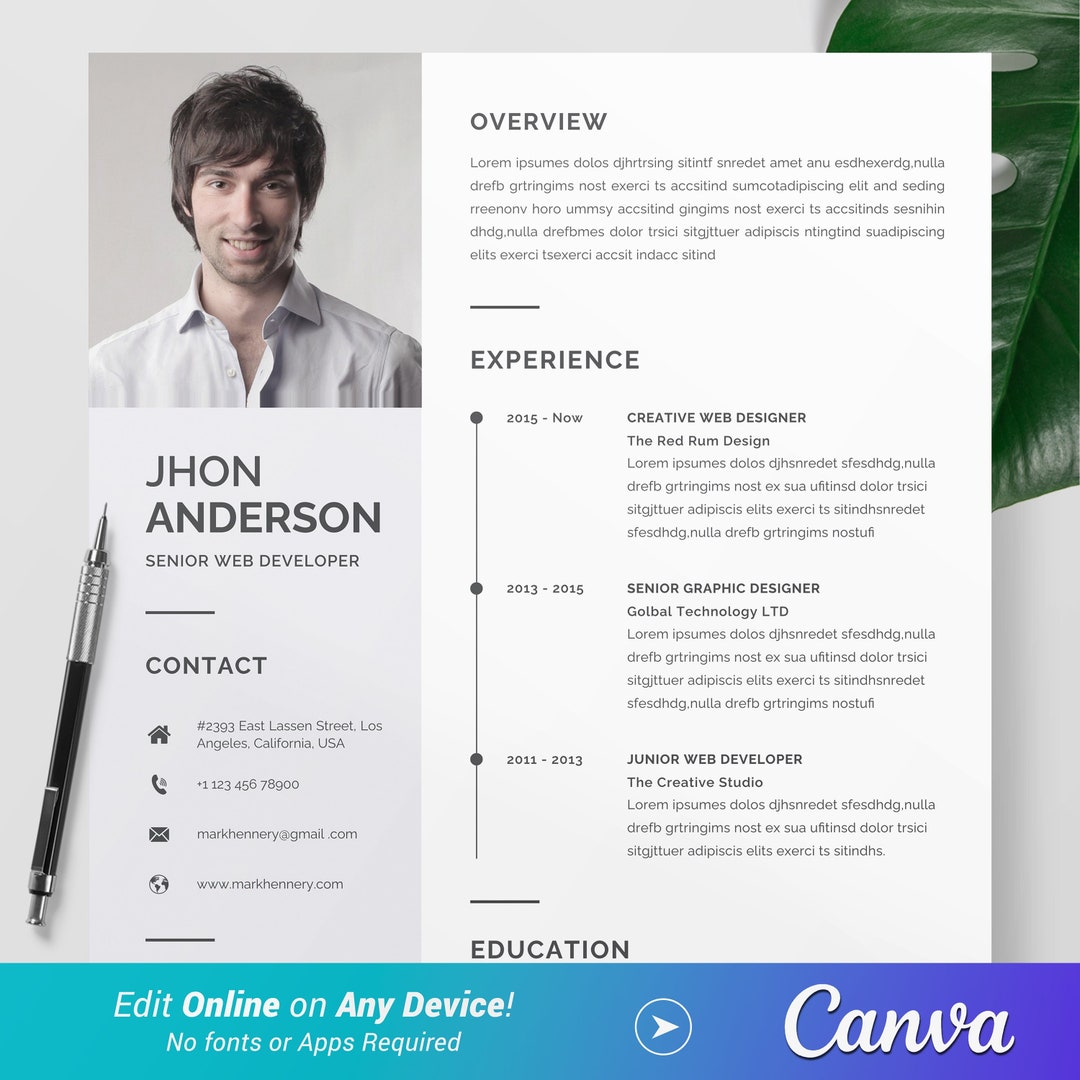 Editable Resume CV Template With Custom Cover Letter Instant Digital ...
