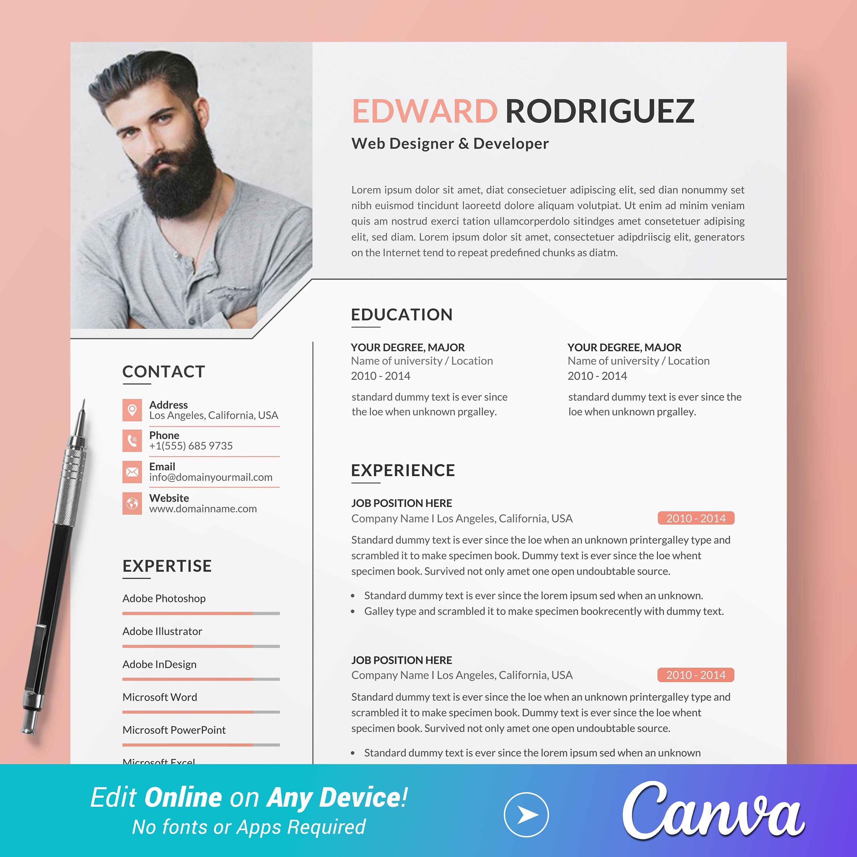 Editable Resume CV Template With Custom Cover Letter Instant Digital ...