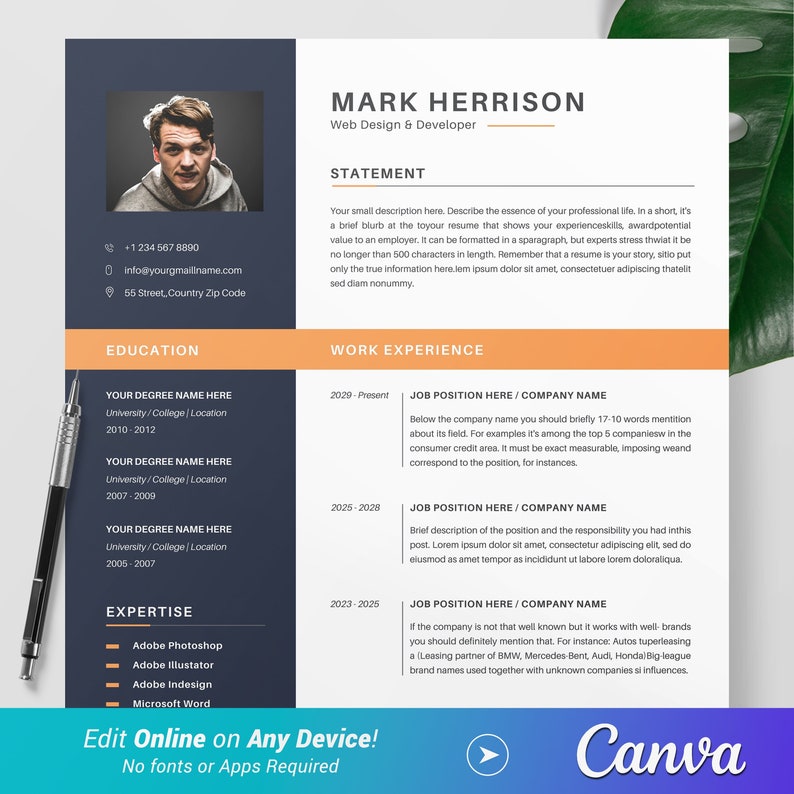 Editable Resume CV Template With Custom Cover Letter Instant Digital ...
