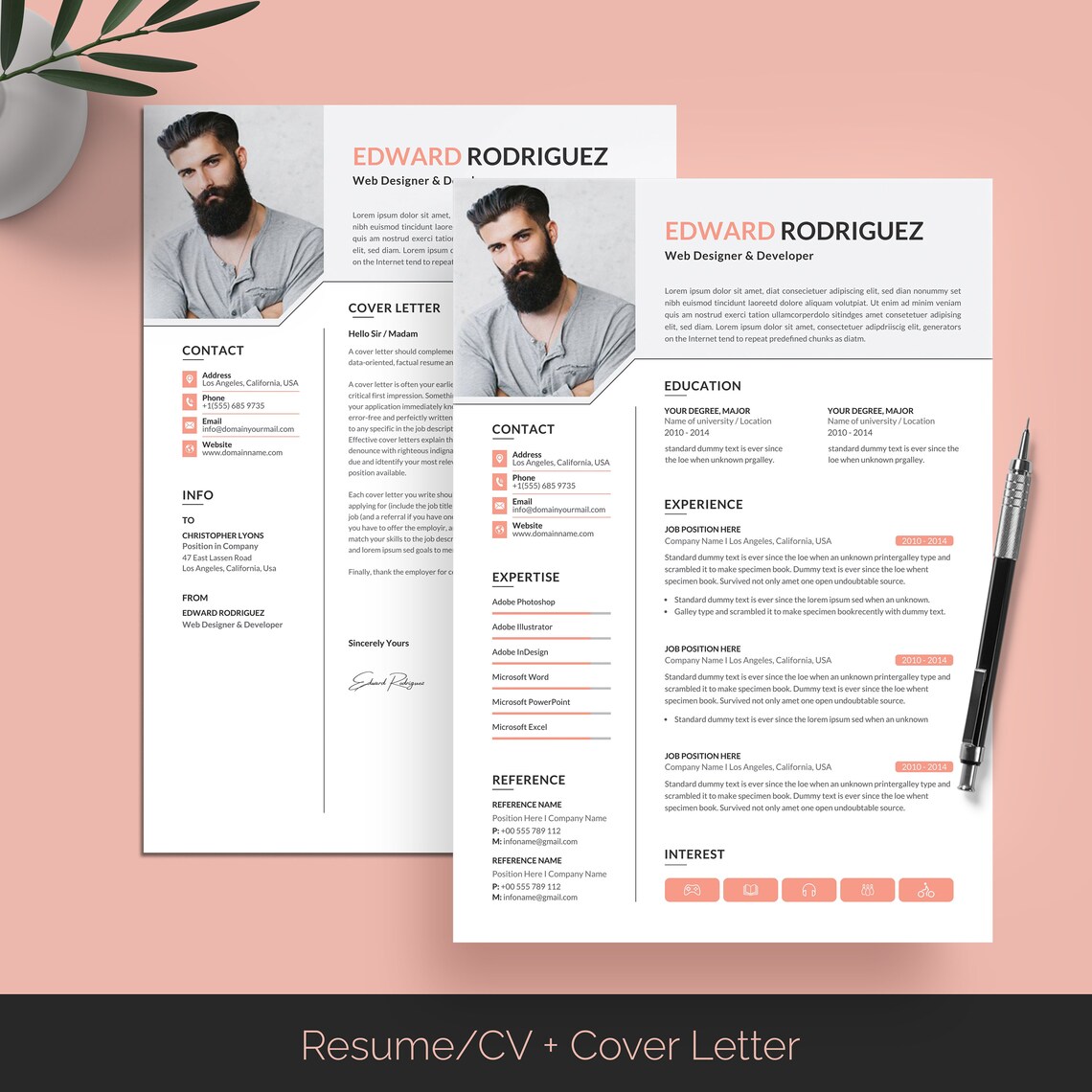 Editable Resume CV Template With Custom Cover Letter Instant Digital ...