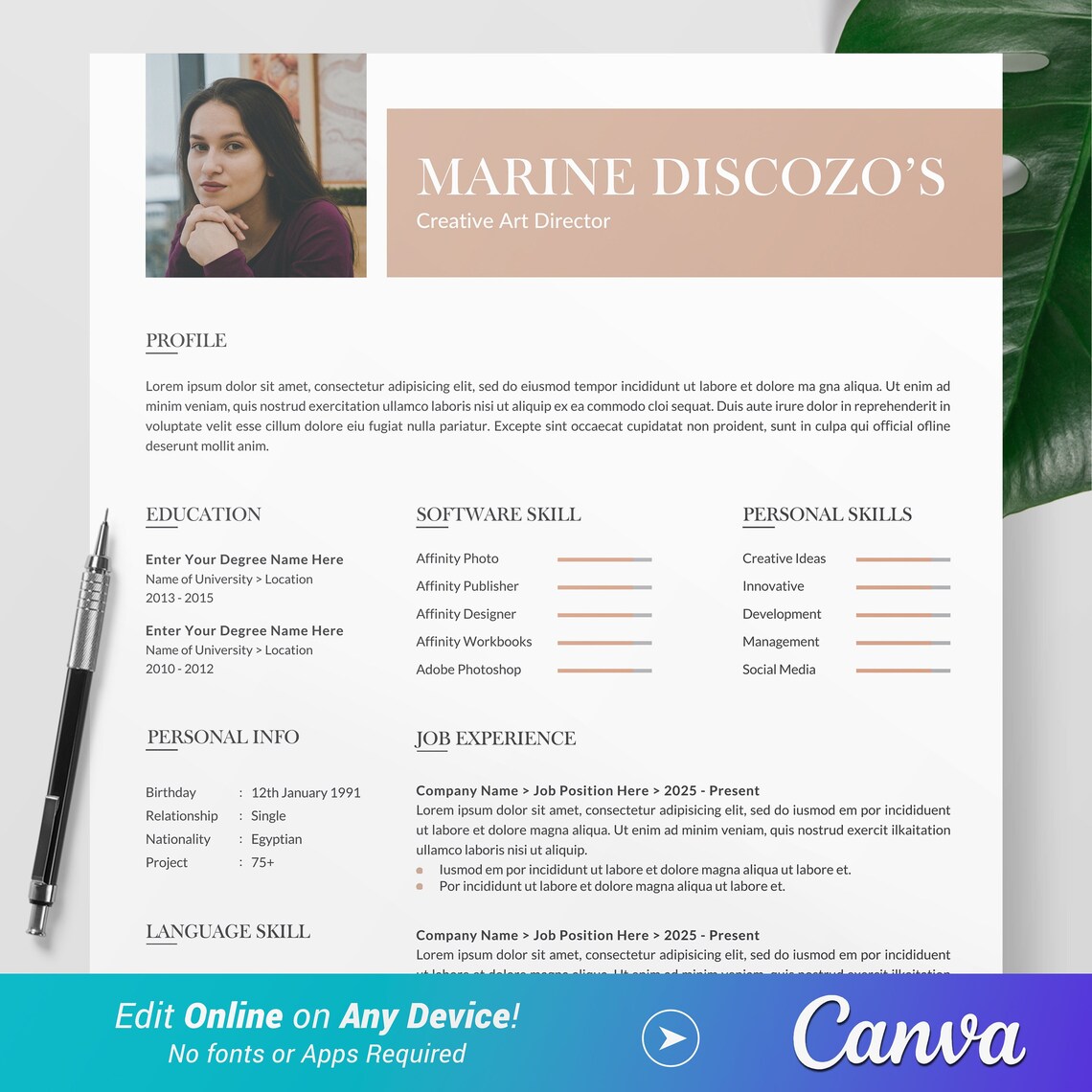 Editable Resume CV Template Custom Cover Letter Instant Digital ...