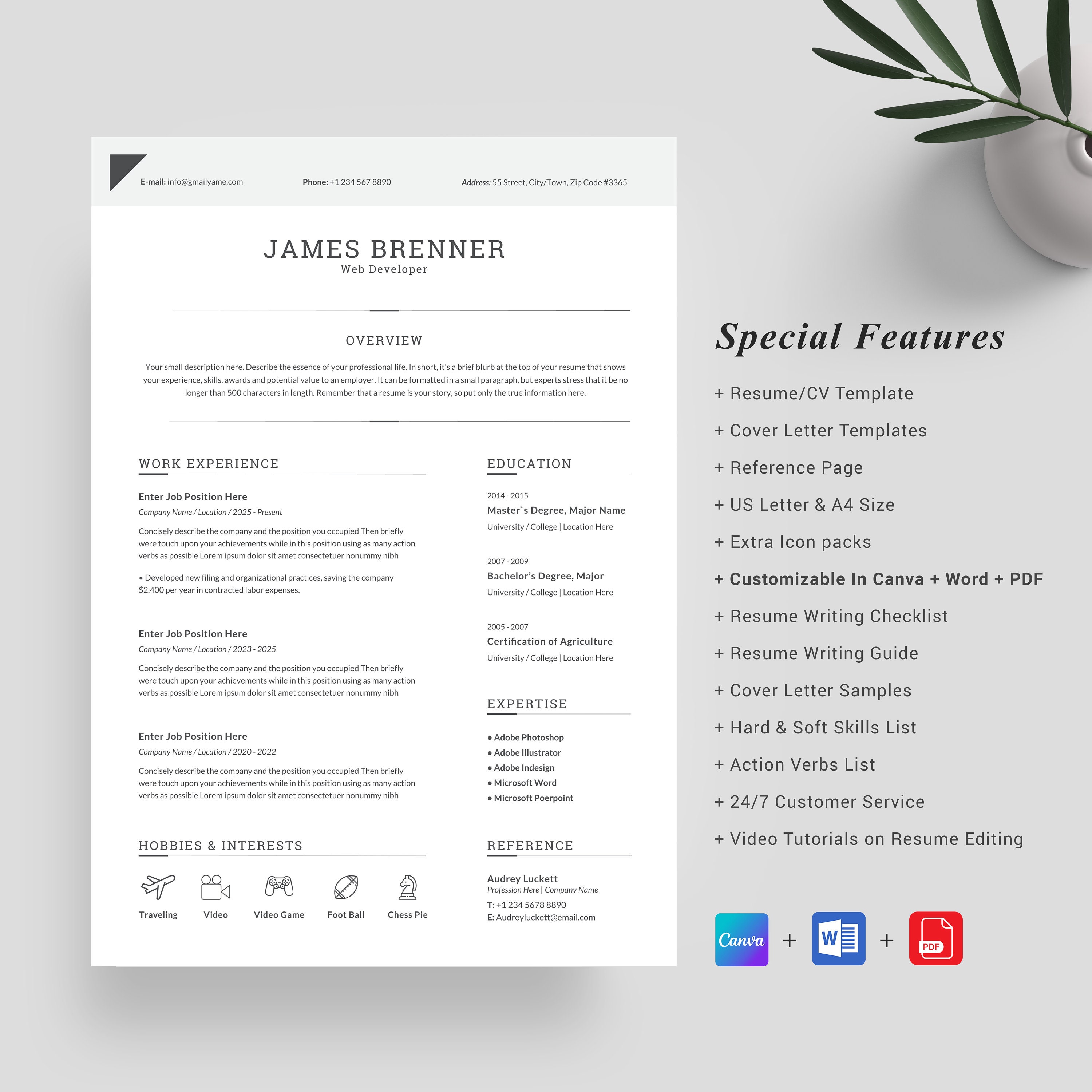 Resume CV Editable Template Custom Cover Letter Instant Digital ...