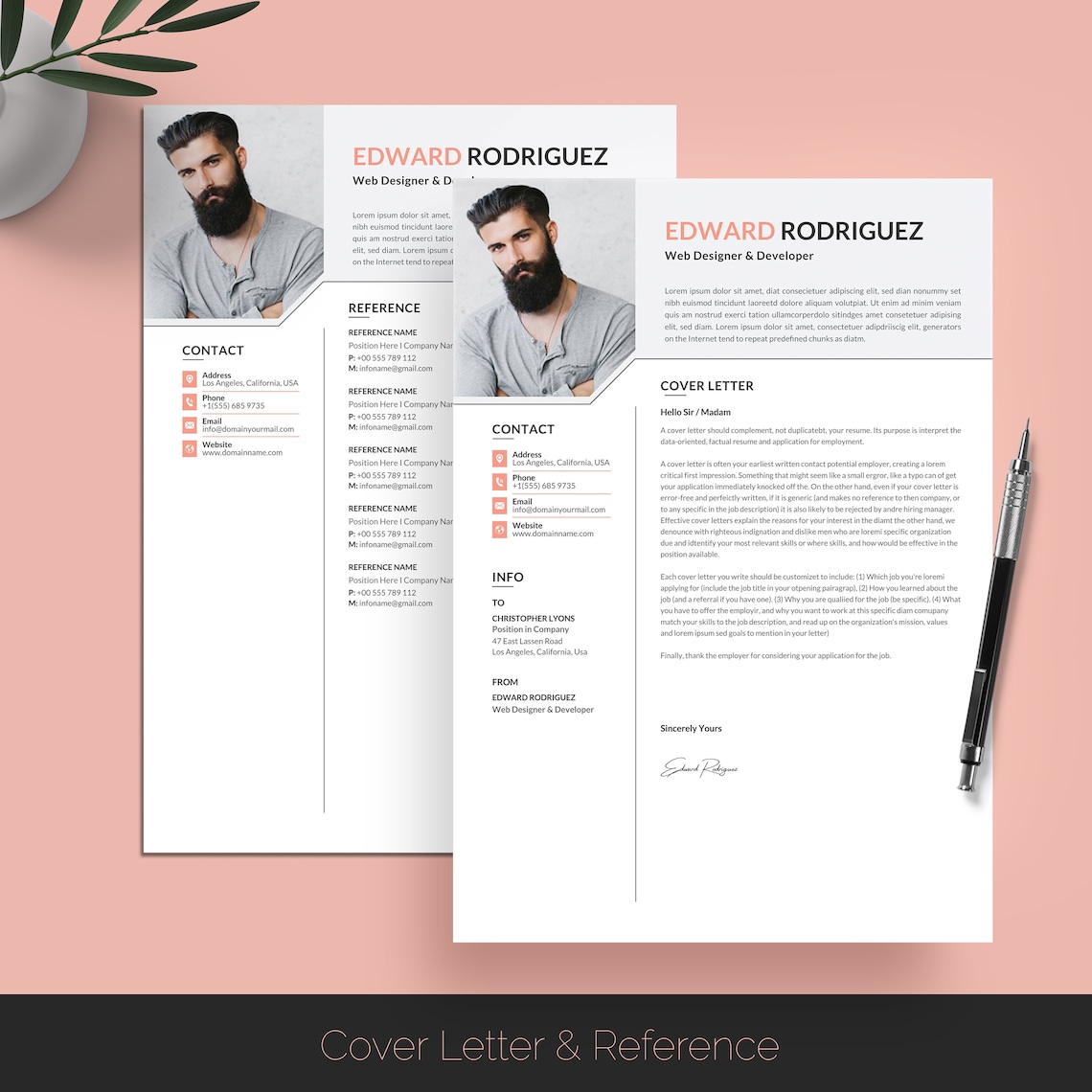 Editable Resume CV Template With Custom Cover Letter Instant Digital ...