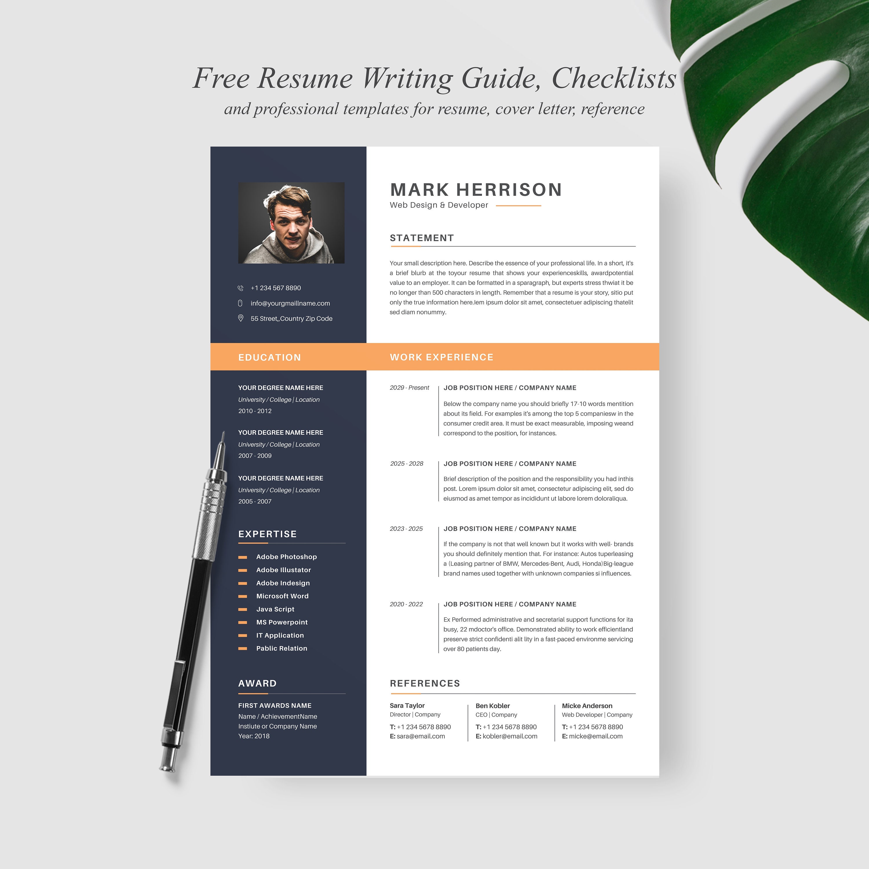Editable Resume CV Template With Custom Cover Letter Instant Digital ...