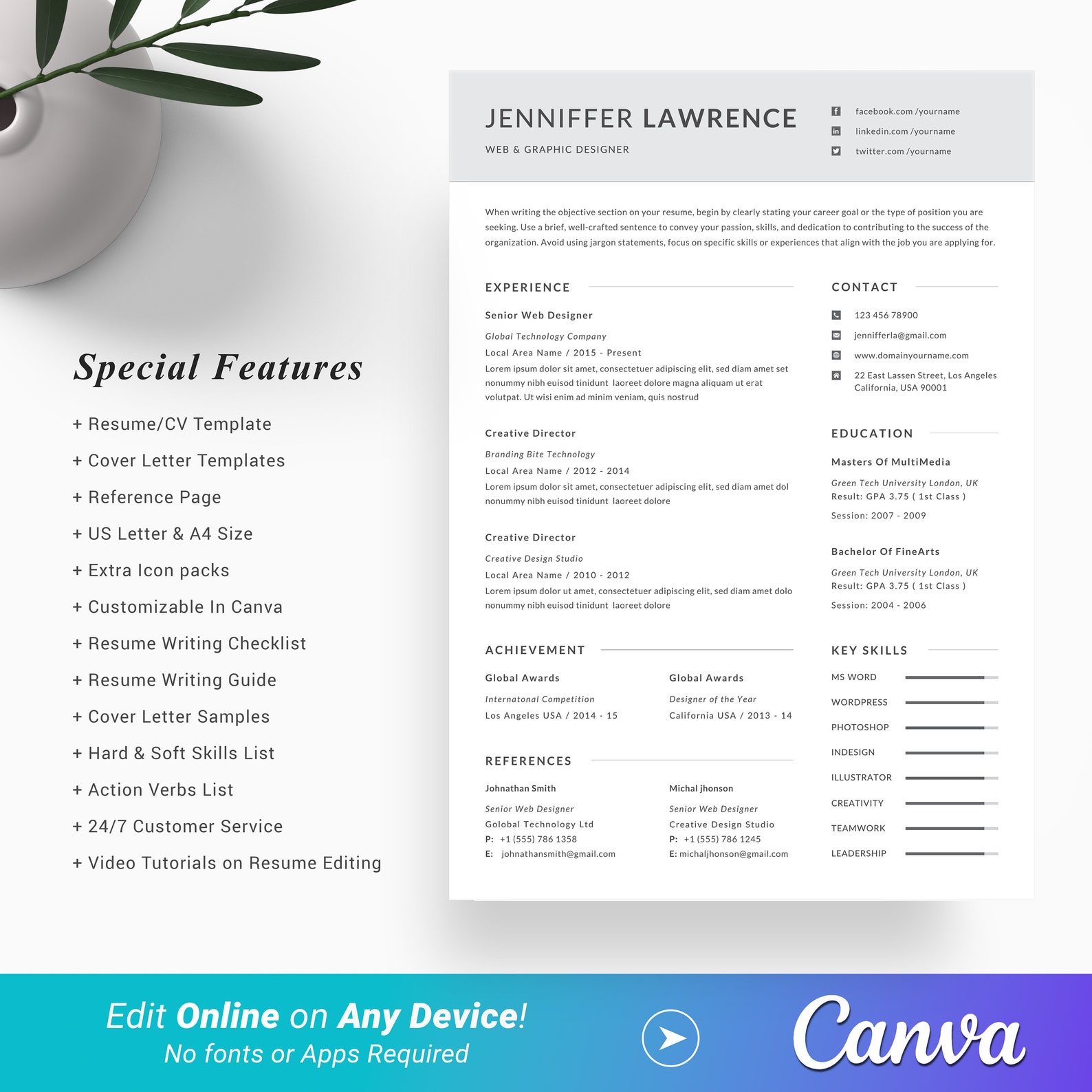 Resume CV Template Editable on Any Device Clean Resume Design ATS ...