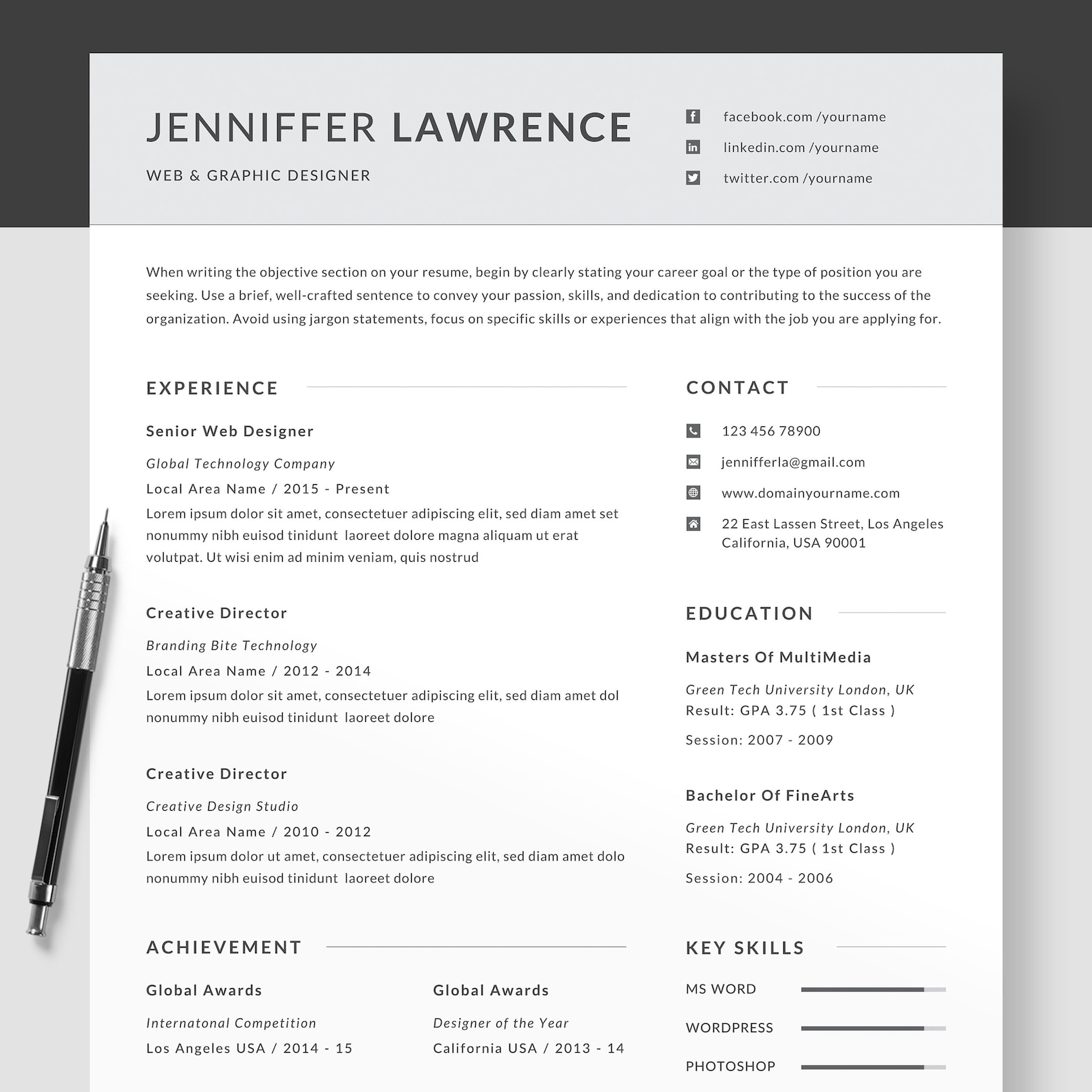 Resume CV Template Editable on Any Device Clean Resume Design ATS ...