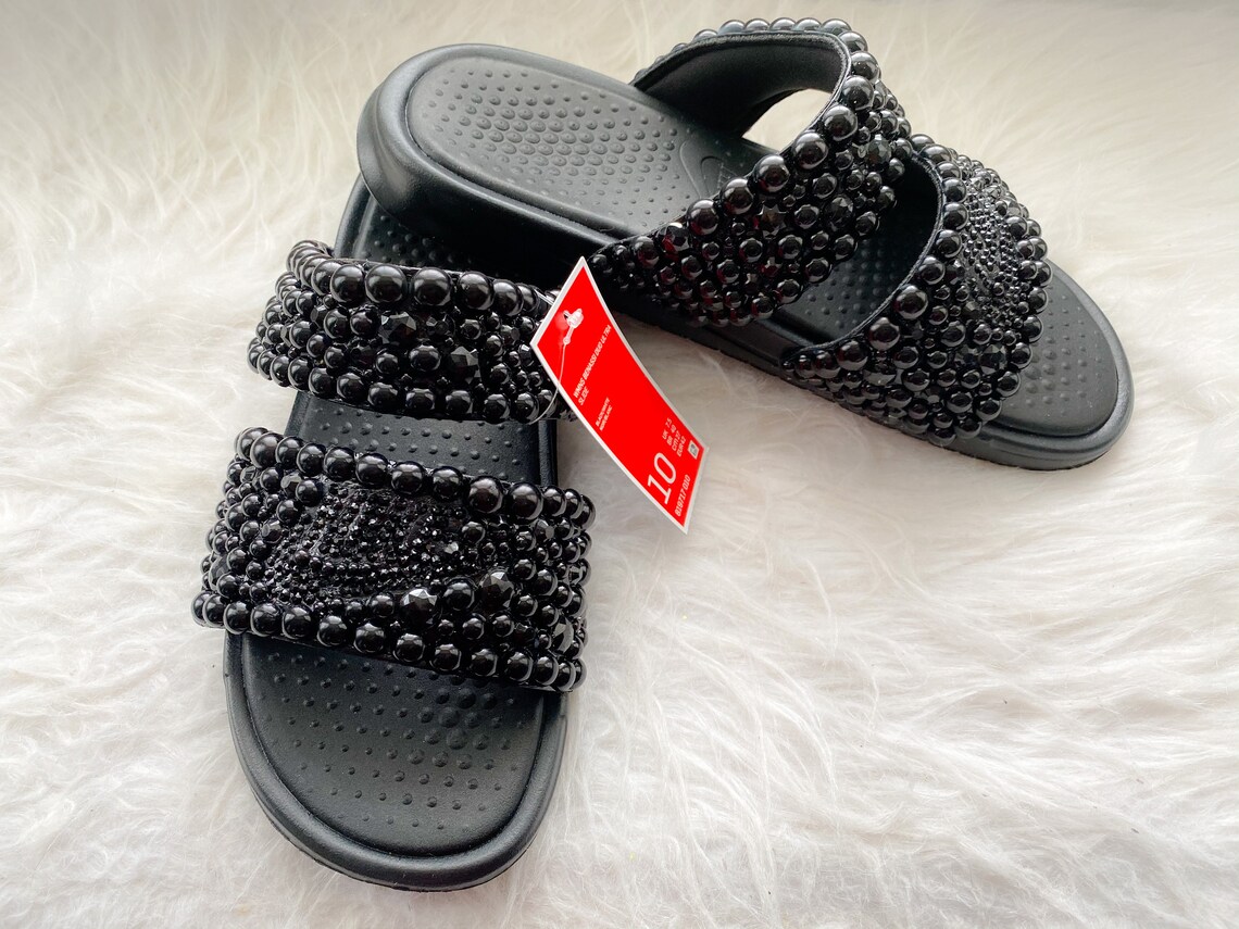 Nike Double Strap Bling Slides Black on Black - Etsy
