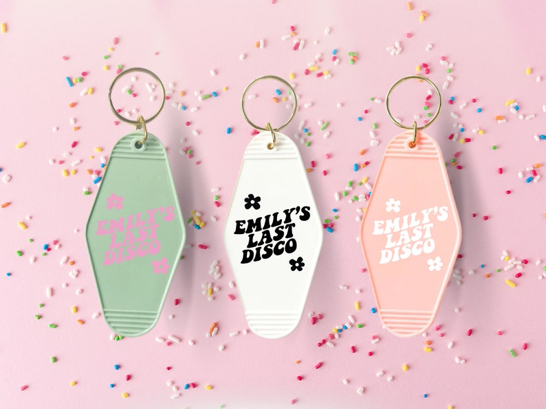 Custom Last Disco Themed Bachelorette Motel Keychain - Bridesmaid and ...
