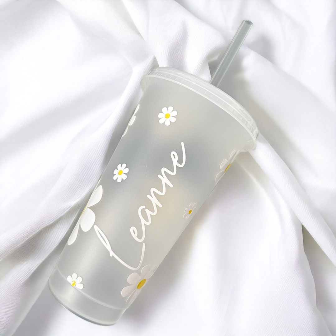 Personalised Name Daisy Cold Cup 24oz | Flower Cup With Lid and Straw ...