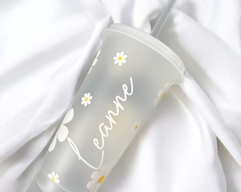 Daisy Heart Name Cold Cup 24oz, Custom Flowers Tumbler, Cute Summer Cup ...